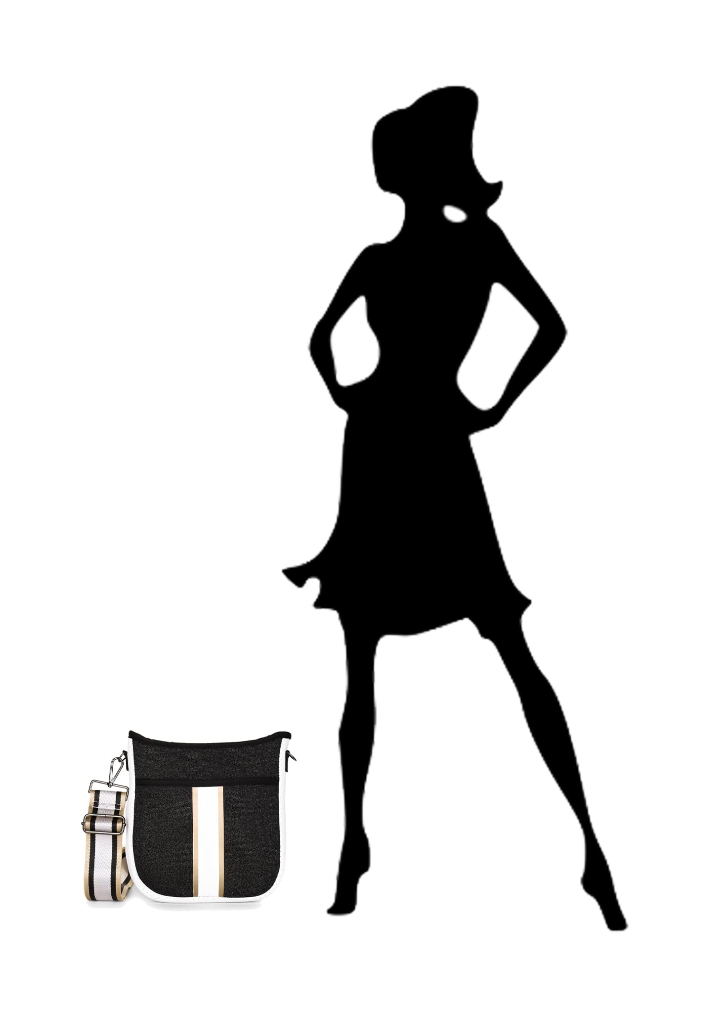 Jeri Bravo Crossbody Tote by Haute Shore, Black Denim W/Rosegold and White Stripe