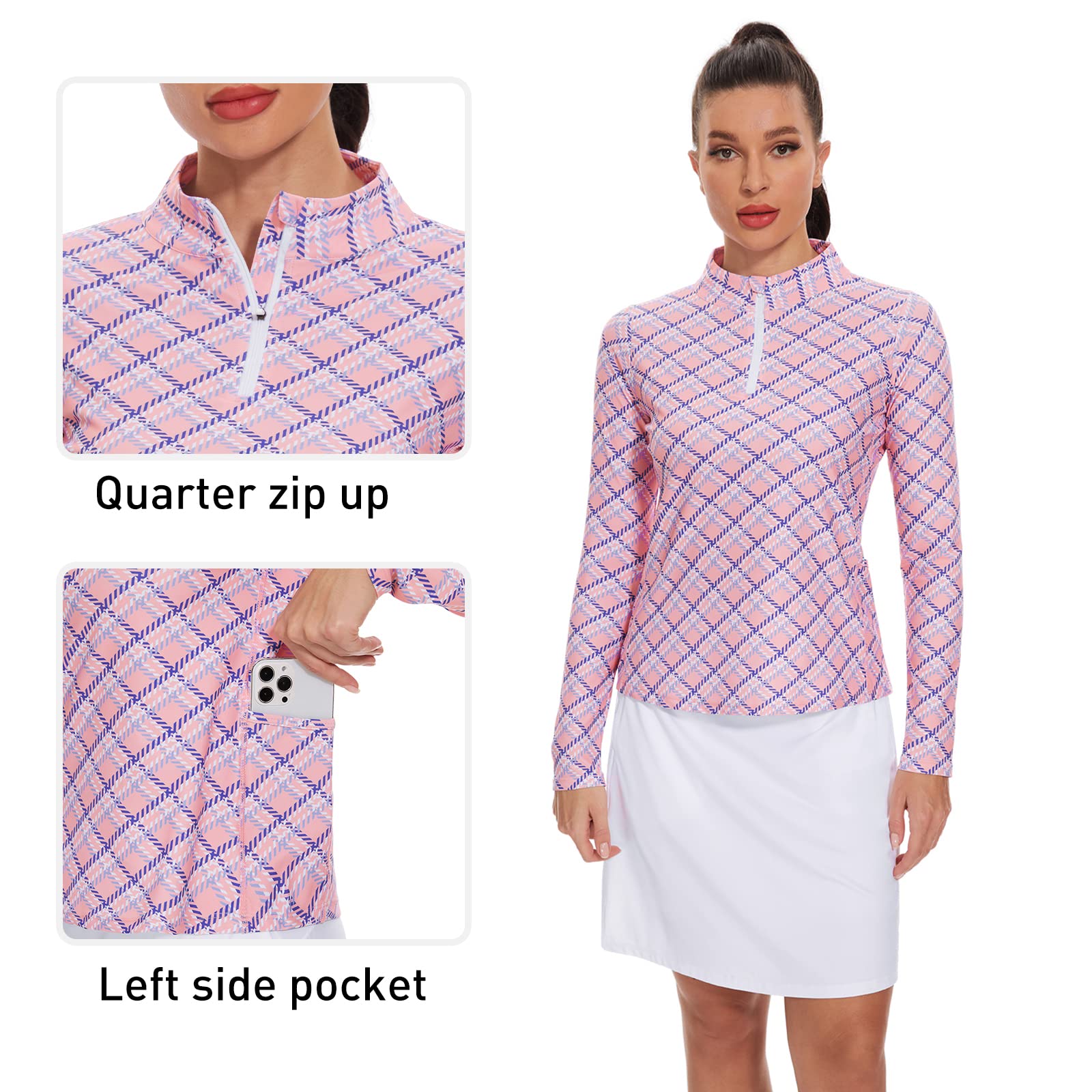 M MOTEEPI Womens Golf Shirt Long Sleeve Athletic Workout Tops for Women Quarter Zip Pullover Polo with Pocket Pink Plaid Small