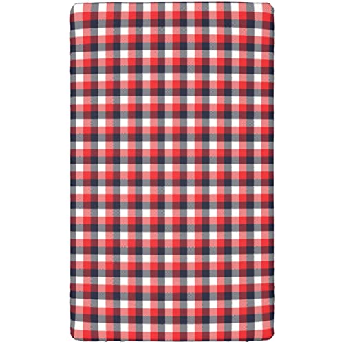 Plaid Themed Fitted Mini Crib Sheets,Portable Mini Crib Sheets Ultra Soft Material-Baby Sheet for Boys Girls,24β x38β,Vermilion Dark Blue White