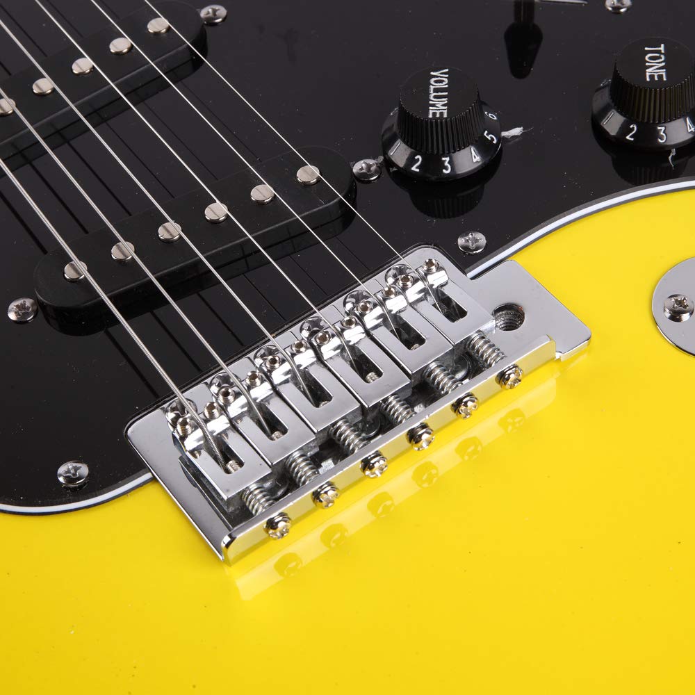 Lykos ST Stylish Electric Guitar with Black Pickguard + Guitar Bag + Strap + Amplifier + Plectrum + Tremolo Bar (Yellow)
