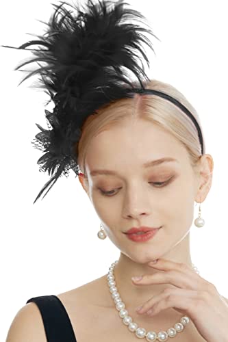 LyMet Women's 1920s Feather Fascinator Headband, Tea Party Flower Headpiece Derby Hat for Cocktail Gatsby Wedding (Black)