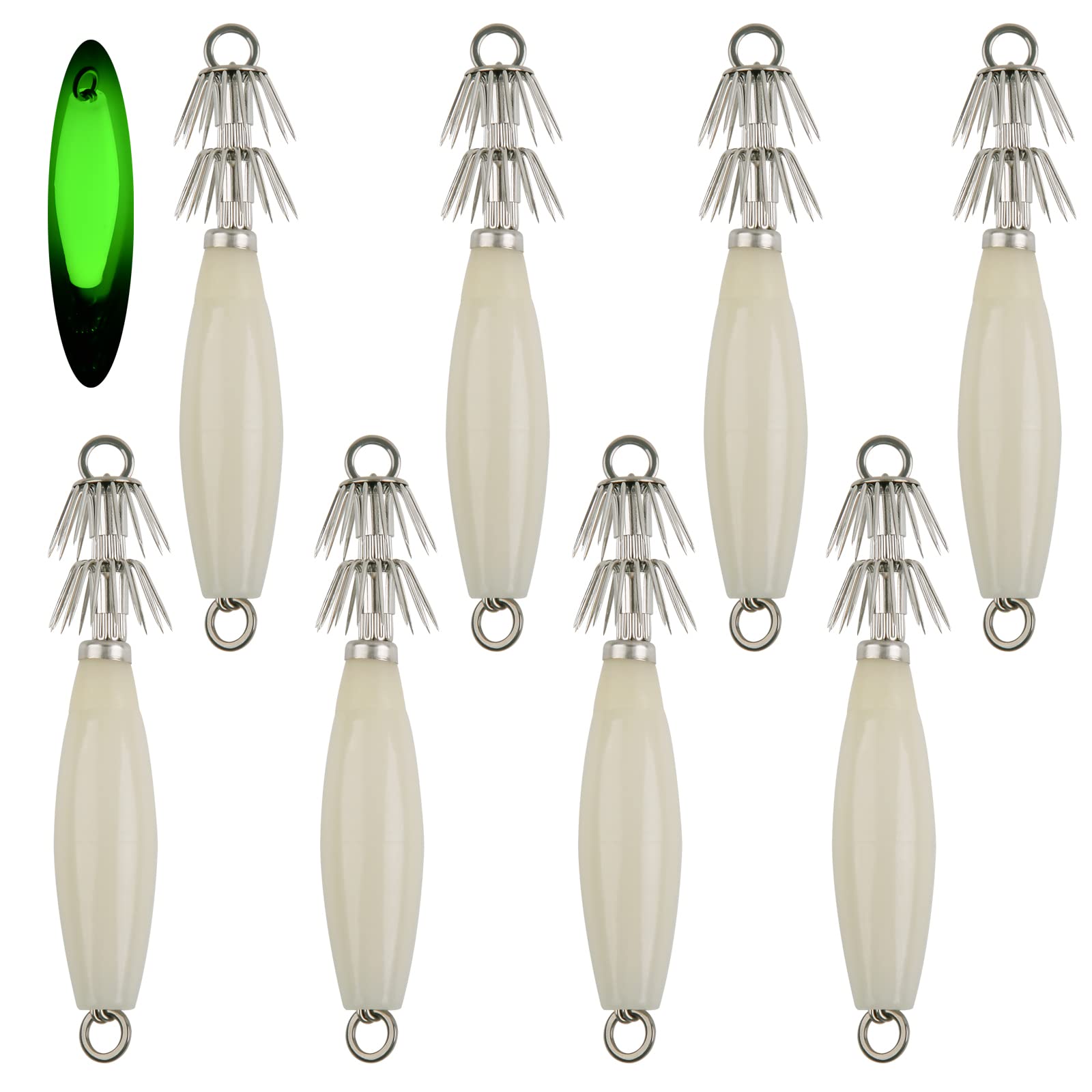 Luminous Squid Jig Hooks 8pcs Glow Squid Jigs Fluorescent Cuttlefish Sleeve Jig Squid Baits Lures Hard Fishing Octopus Lures Set with Tackle Box Saltwater Freshwater