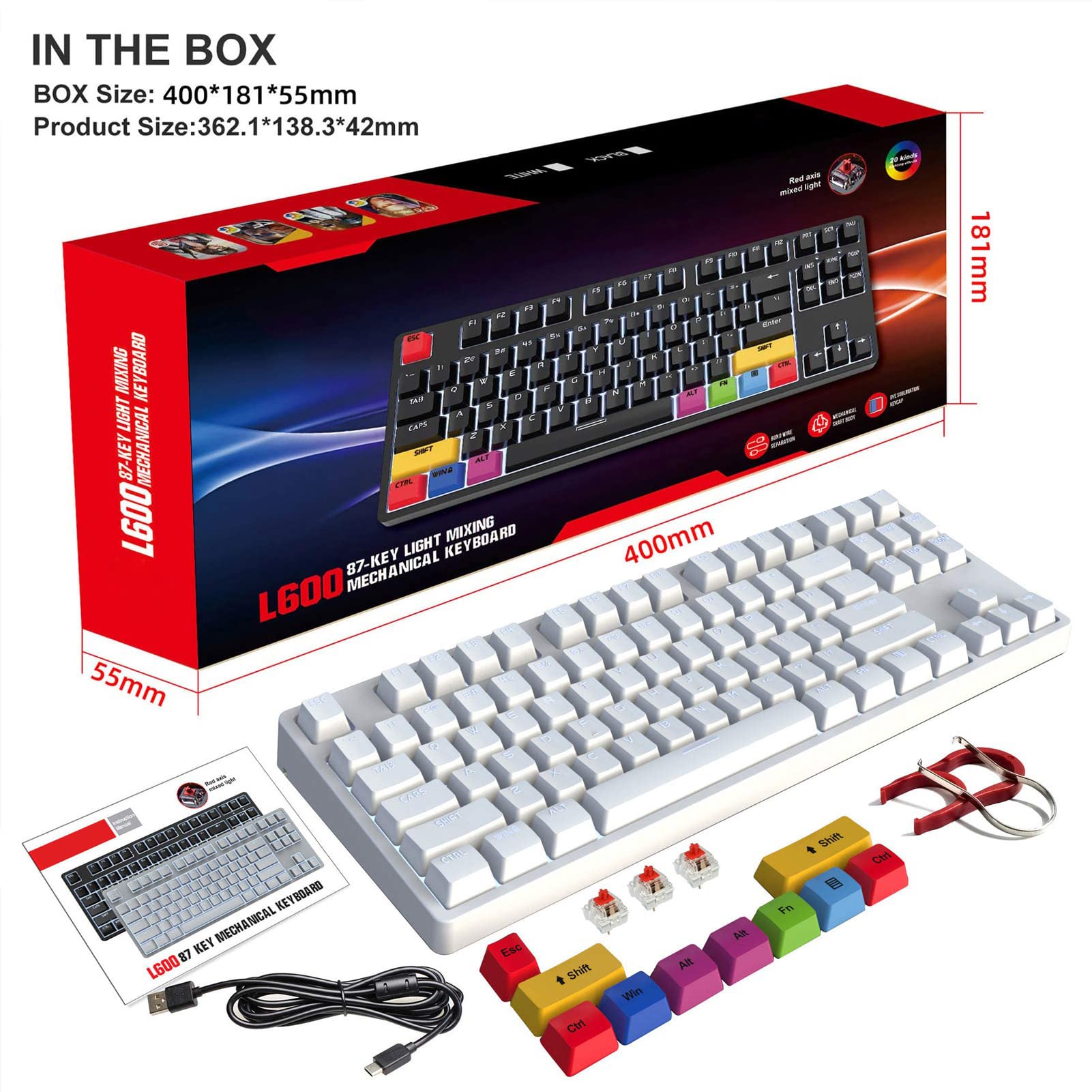 Pomya 87 Keys Wired Gaming Keyboard, Ergonomic USB Wired Mechanical Keyboard with Dye Sublimation Keycap for Win, for Android, for OS X, PC Keyboard for Game, Work(White)