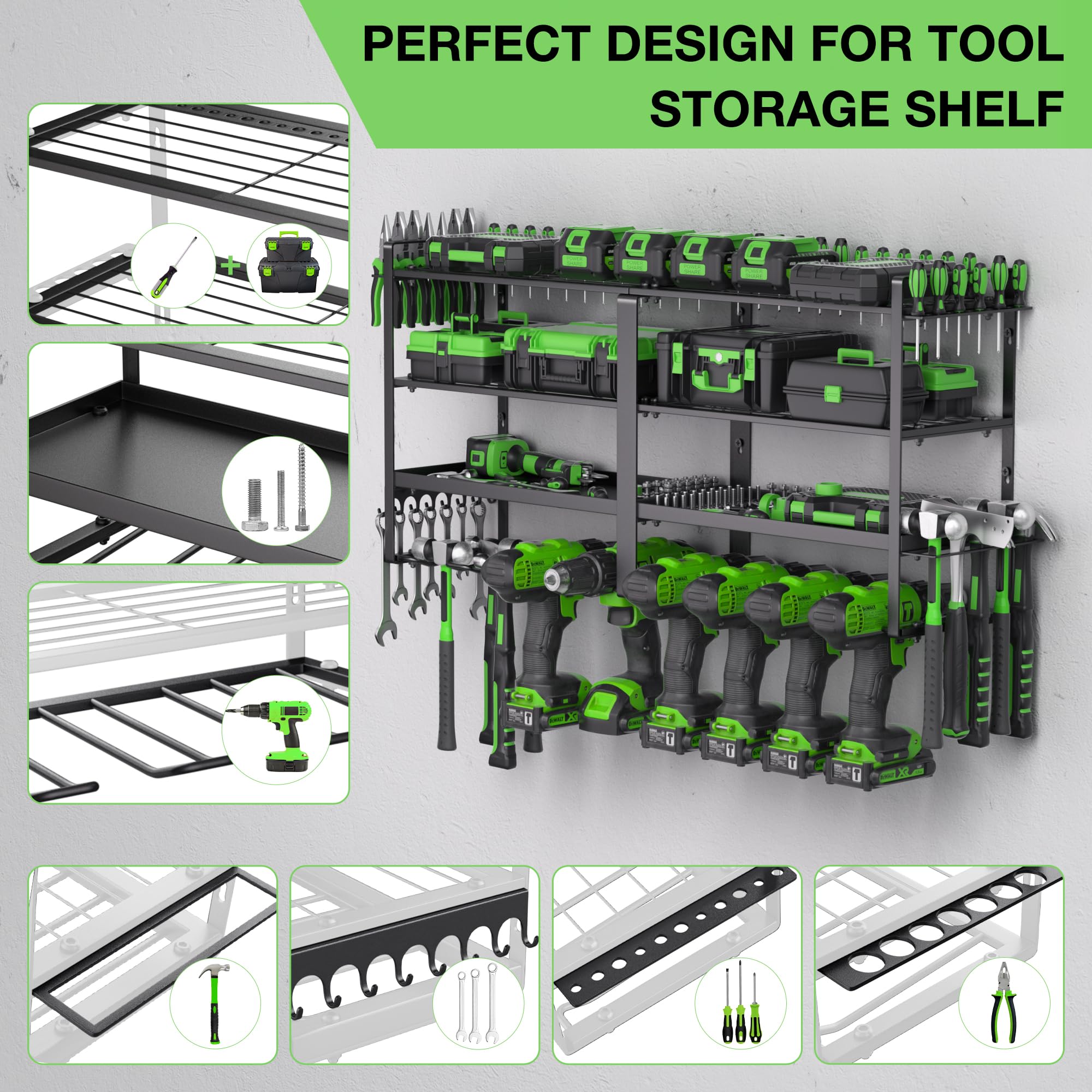 Sixfivsevn Power Tool Organizer, 8 Drill Holder Wall Mount, 4 Layers Garage Tool Organizers and Storage Rack, Heavy Duty Metal Tool Shelf with Hooks/Screwdriver Holder/Plier Holder/Hammer Holder