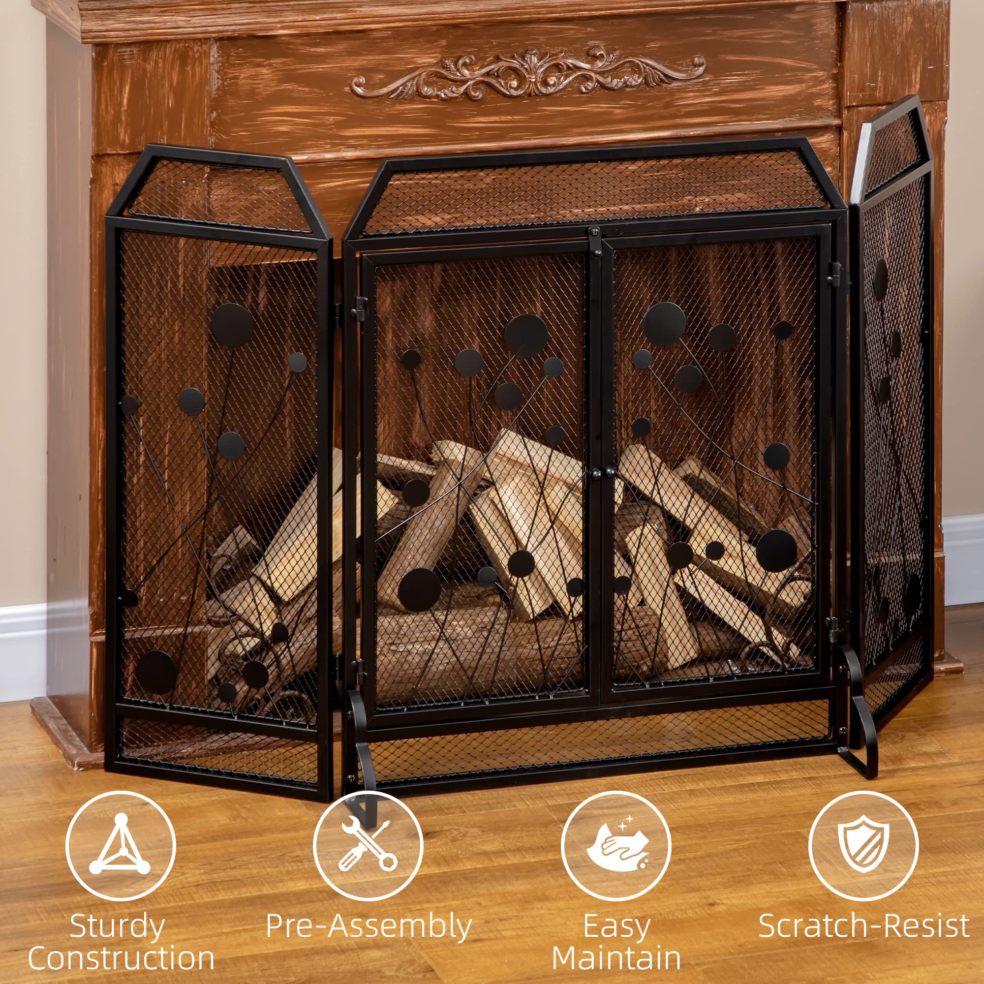 HOMCOM 3-Panel Metal Fireplace Mesh Screen Home Folded Steel Spark Protection with Magnetic Doors 49.25" x 31.5", Black