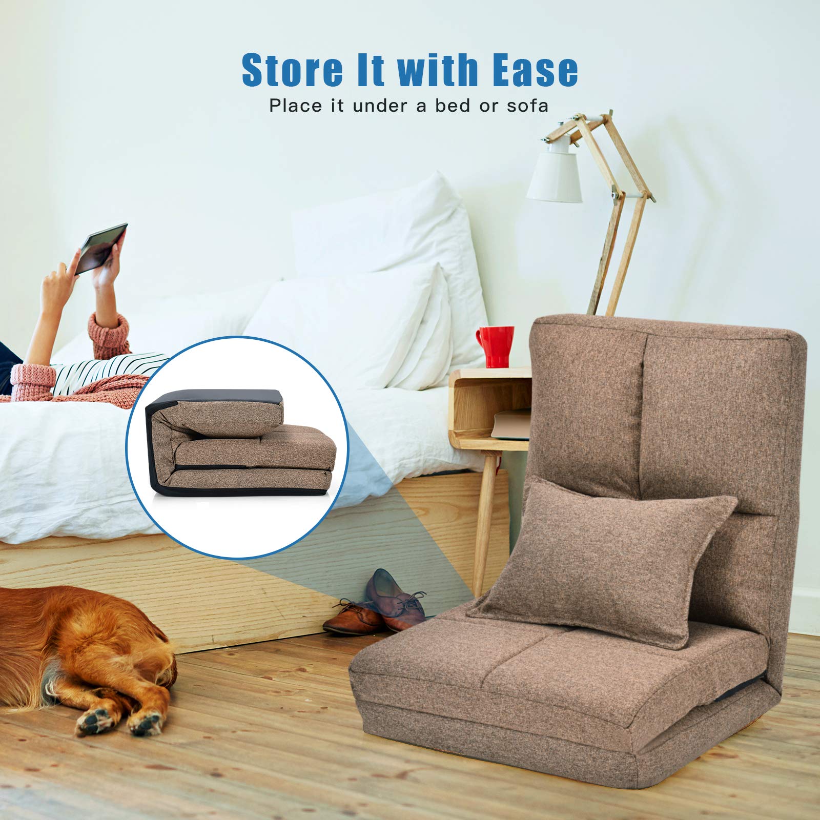 Giantex Triple Fold Down Sofa Bed, Adjustable Floor Couch Sofa with One Pillow, 6 Reclining Position, Convertible Upholstered Guest Sleeper, Modern Folding Lounge Chaise for Living Room and Bedroom
