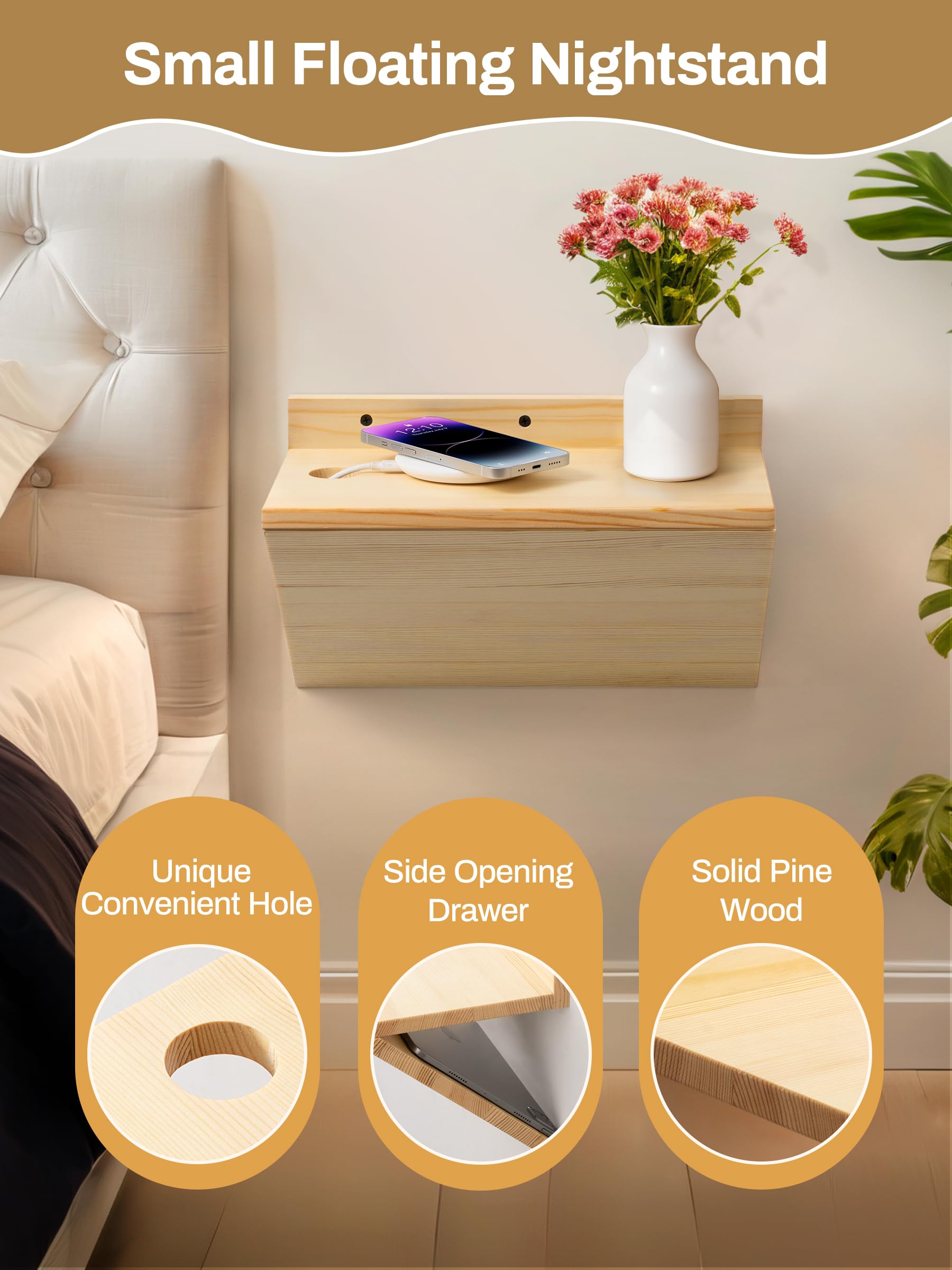 Sivapleso Floating Nightstand Set of 2, Natural Solid Wood Floating Bedside Tables Small Wall Mounted Nightstand Hanging for Bedroom