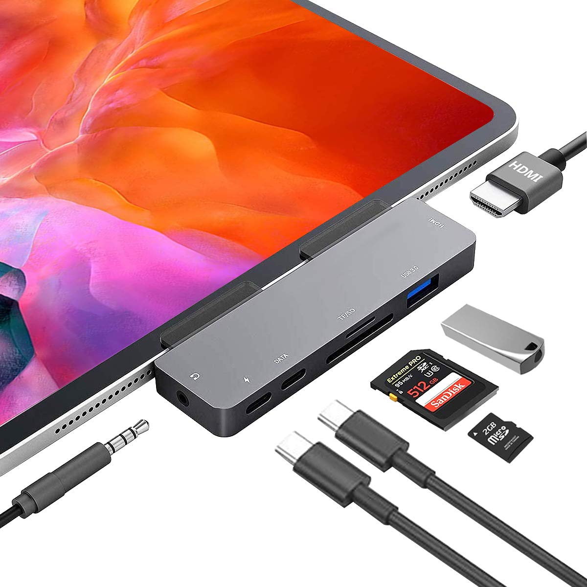 iPad USB C Hub, Lrfeng 7-in-1 USB C Dock to HDMI, USB 3.0, 3.5mm Audio and 60W PD Dock Compatible for New iPad Pro 2021, 2020, 2018, iPad Air 2020, New MacBook Pro/Air, iMac and More