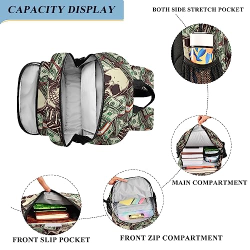 senya Backpack for Boys Girls, Vintage Money Skull Skeleton Backpack Students Bookbag Daypack for School Primary Teens
