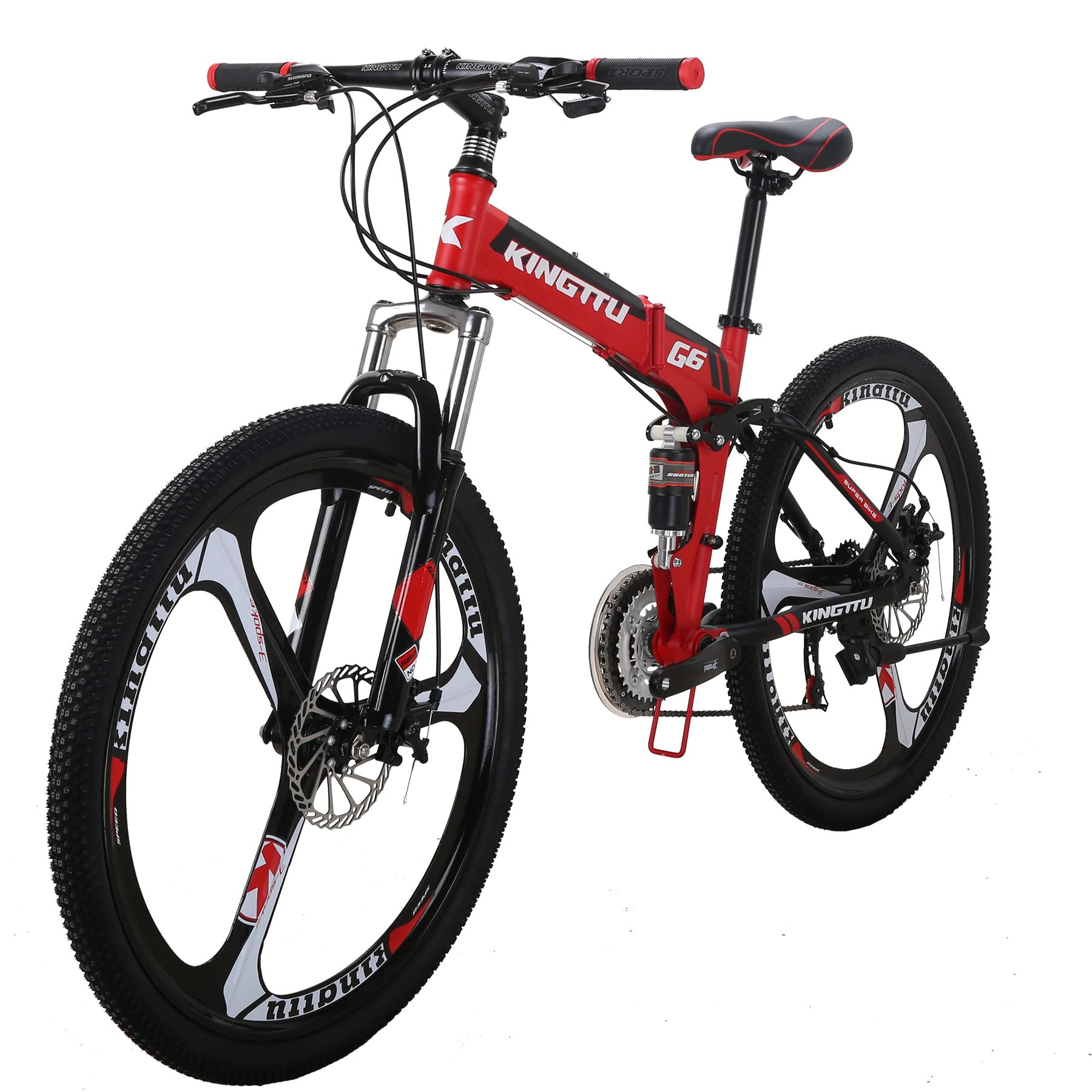 Kingttu G6 26 Inch Folding Mountain Bike 21 Speed Full Suspension Foldable Bicycle, Dual Disc Brake Folding Bikes for Adults/Men/Women (Red)