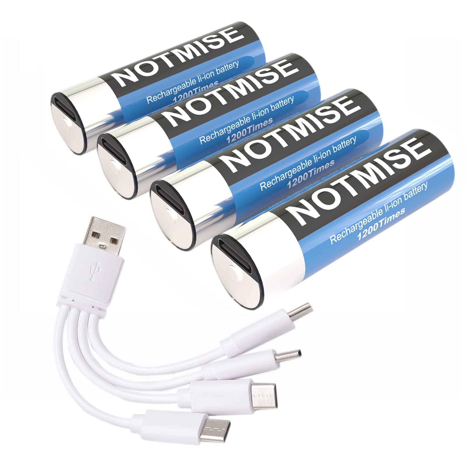 Notmise Rechargeable AA Batteries, AAA Lithium Ion 1.5V, Fast Charge, 4-in-1 USB Type C Charging Cable, Over 1200 Cycles, 4AA+4AAA (AAA-4pcs)