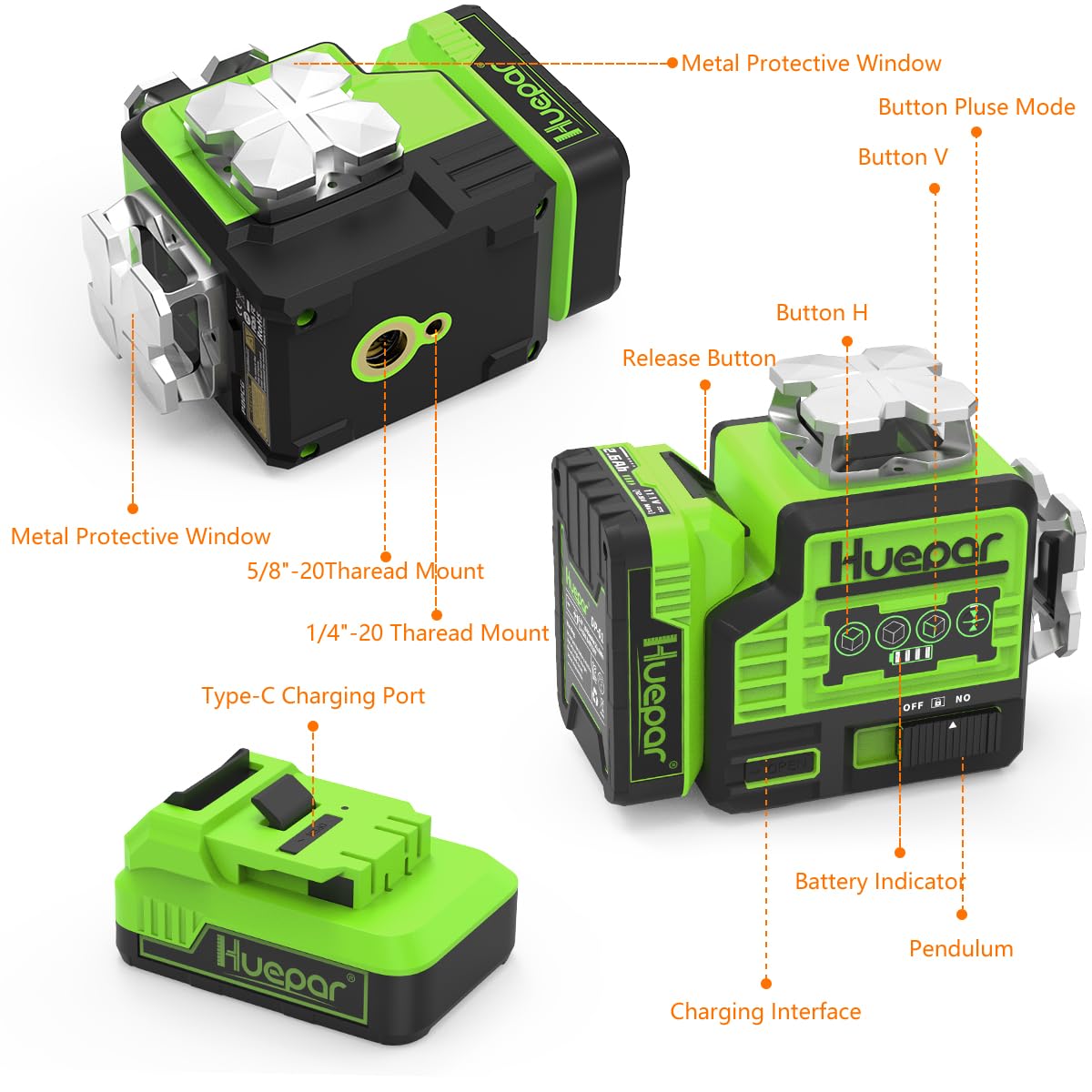 Huepar Laser Level Multi-line - Four Vertical and One Horizontal Cross Lines Laser With Plumb Dot, Green Beam Alignment Self-leveling Laser Tool, 360°Rotating Base & Hard Carrying Case Included NT411G