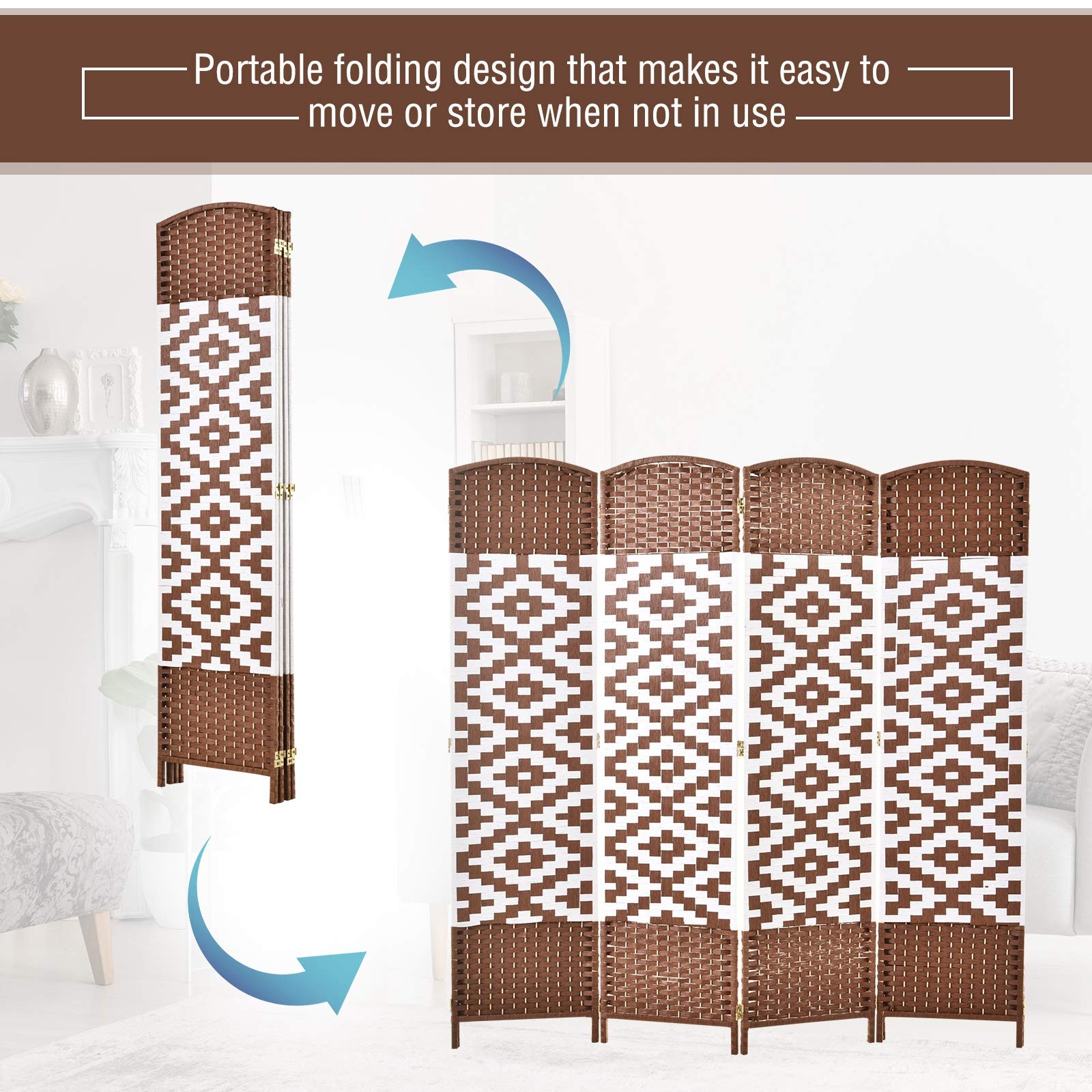 HOMCOM 6ft 4-Panel Diamond Weave Folding Room Divider with Freestanding Folding Screen & Stylish Wicker Material