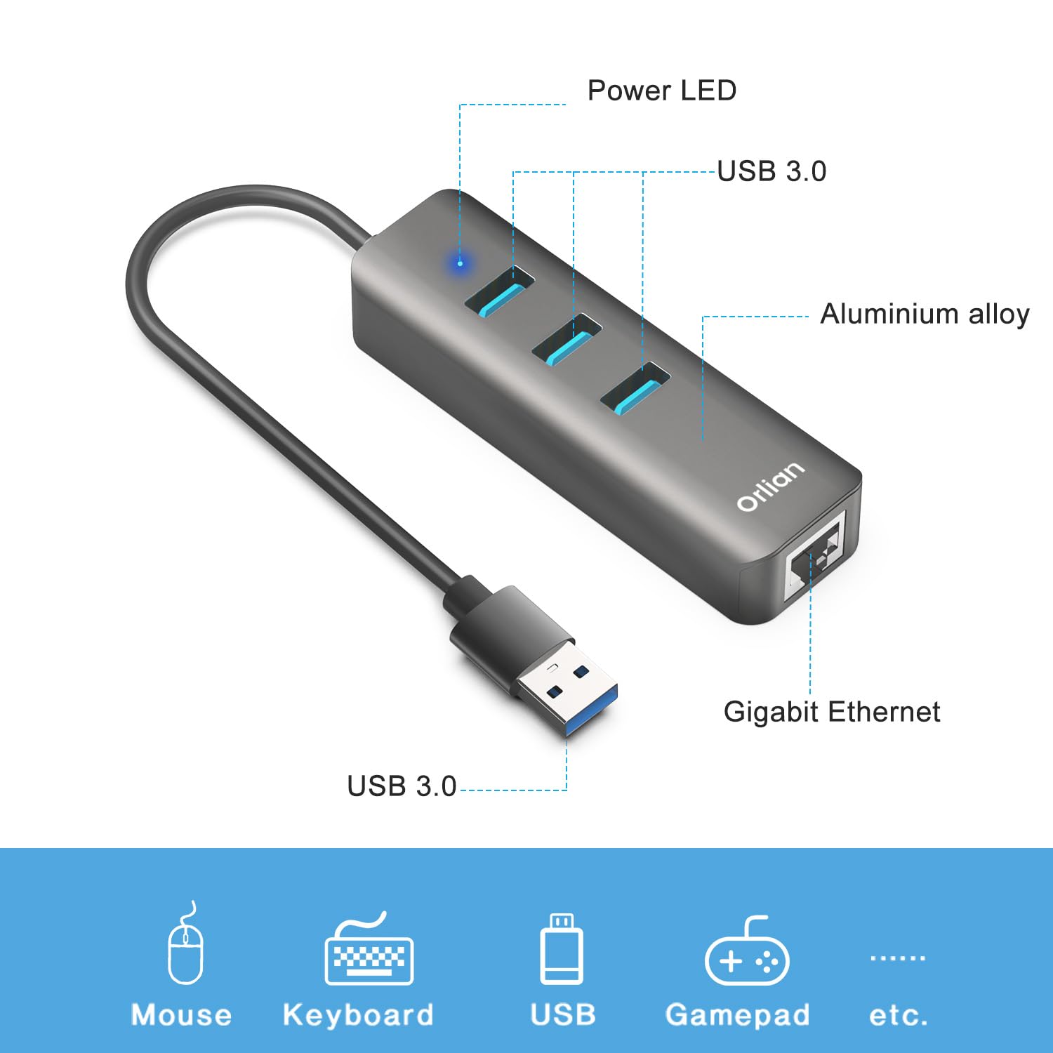 Orlian USB to Ethernet Adapter, USB 3.0 Hub with RJ45 1Gbps Ethernet Port Slim Multiple Ports 4-in-1 USB Splitter for MacBook Air 2017 iMac Acer HP Surface Dell Lenovo [Charging NOT Supported]