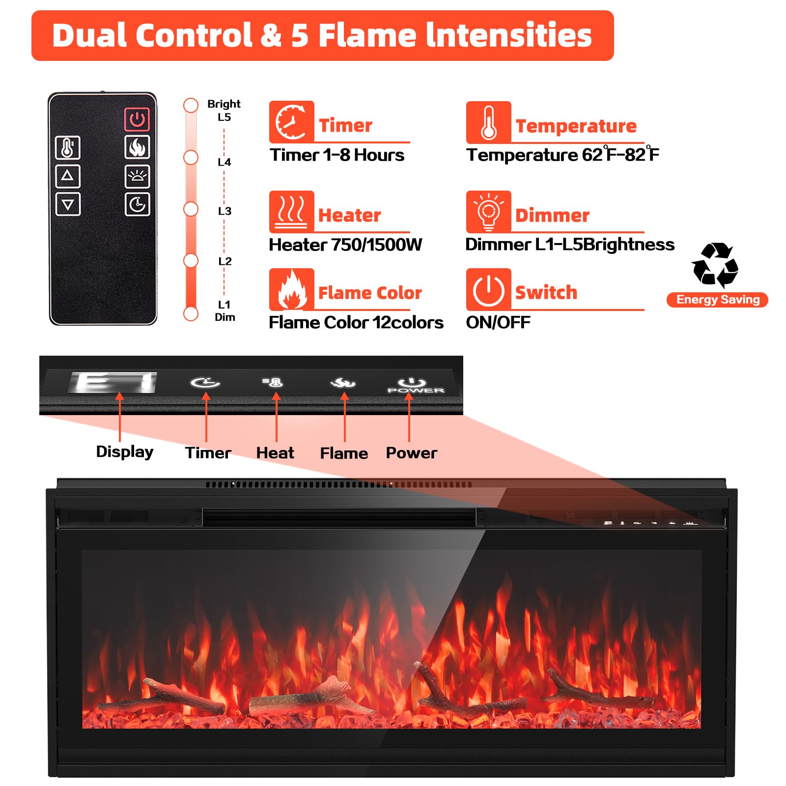 Ooiior 40 Inch Electric Fireplace, Recessed and Wall Mounted Fireplace with Remote Control, Ultra-Thin Fireplace Heater and Linear Fireplace, with Timer, Adjustable Flame Color, 750/1500W