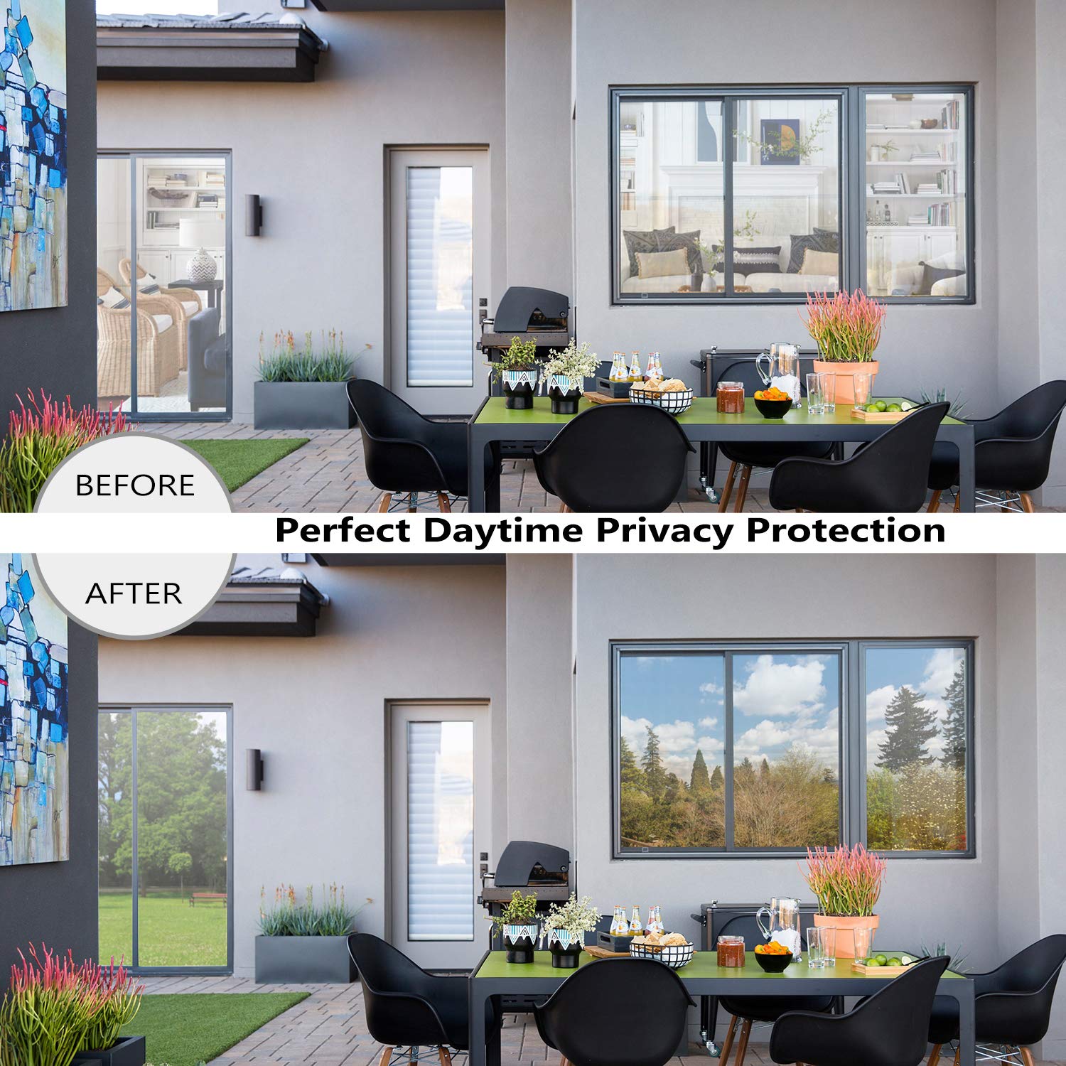 HooTown Window Tint for One Way Daytime Privacy Window Film Heat Control Sun Blocking Anti UV Non-Adhesive Static Cling Reflective Mirror Glass Film for Home Office, Black Silver, 23.6 in x 32.8 ft