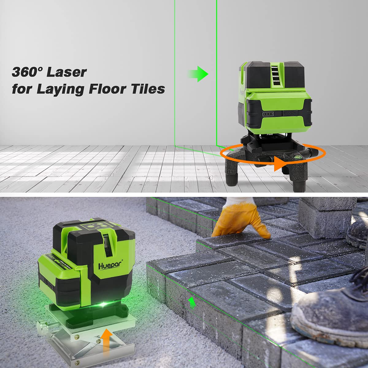 Huepar Multi-Line Laser Level-360° Floor Horizontal and Two Vertical Lines with Plumb Dot, Green Cross Line Self-leveling Laser Tool-Rotating Base, Lifting Base, Li-ion Battery&Hard Carry Case LS21G