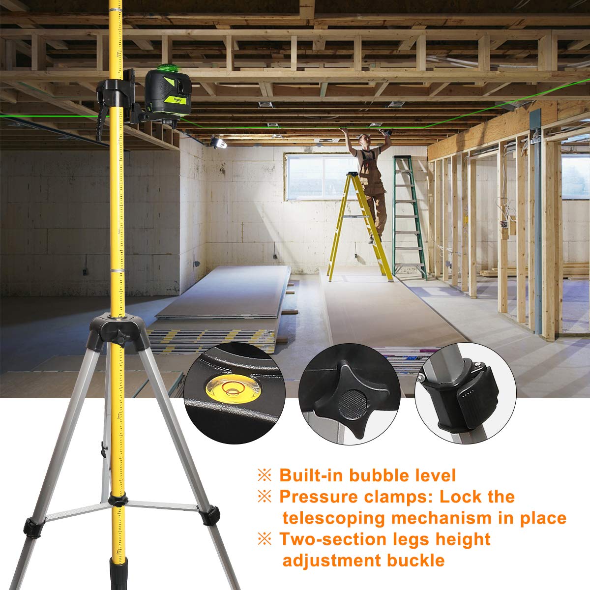 Huepar Upgraded Mounting Clamp with Clip - has 1/4"-20 Male Thread and 5/8"-11 Thread Adapter for Telescoping Pole for Rotary and Line Laser Levels, Adjustable Bracket LP36M-S