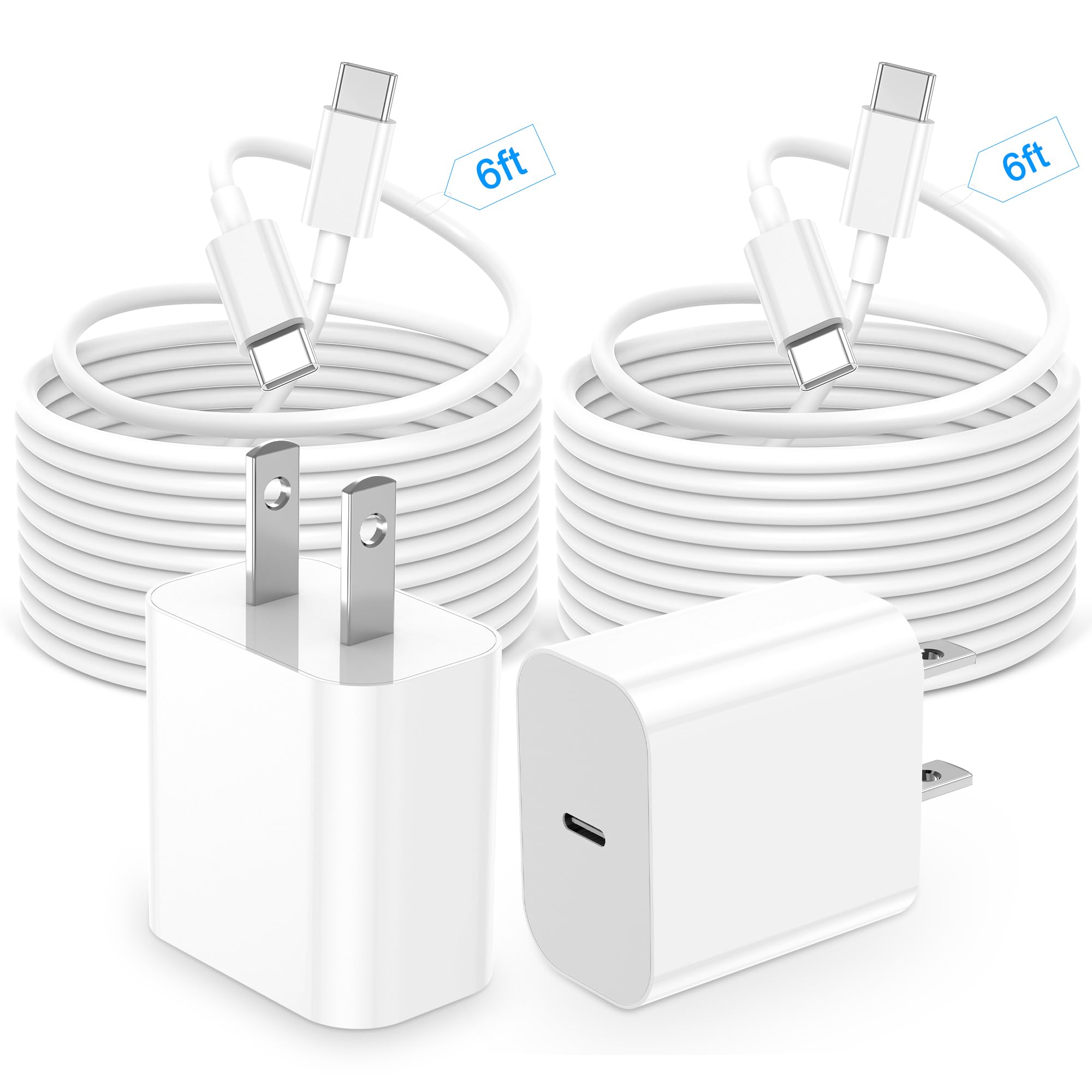 iPhone 15 Charger Fast Charging,20W USB C Fast Charger for iPhone 15/15 Plus/Pro Max, iPad Pro 12.9/11 inch, iPad Air 5th/4th, iPad 10th, 2Pack Type C Wall Charger Block with 6FT Long USB C to C Cable