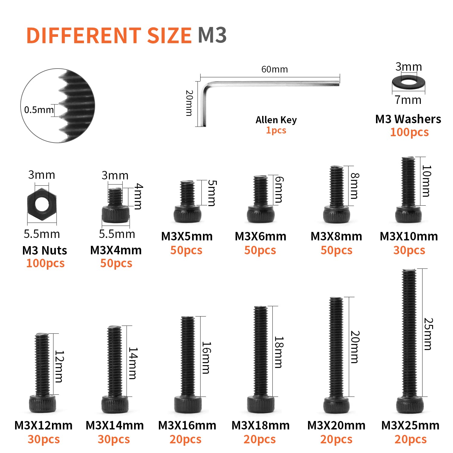 NIULUNBAO 570PCS M3 x 4/5/6/8/10/12/14/16/18/20/25mm Hex Socket Head Cap Screws Bolts and Nuts Flat Washers Assortment Kit, 12.9 Grade Alloy Steel, Black Oxide Finish, Metric Machine Allen Hex Drive