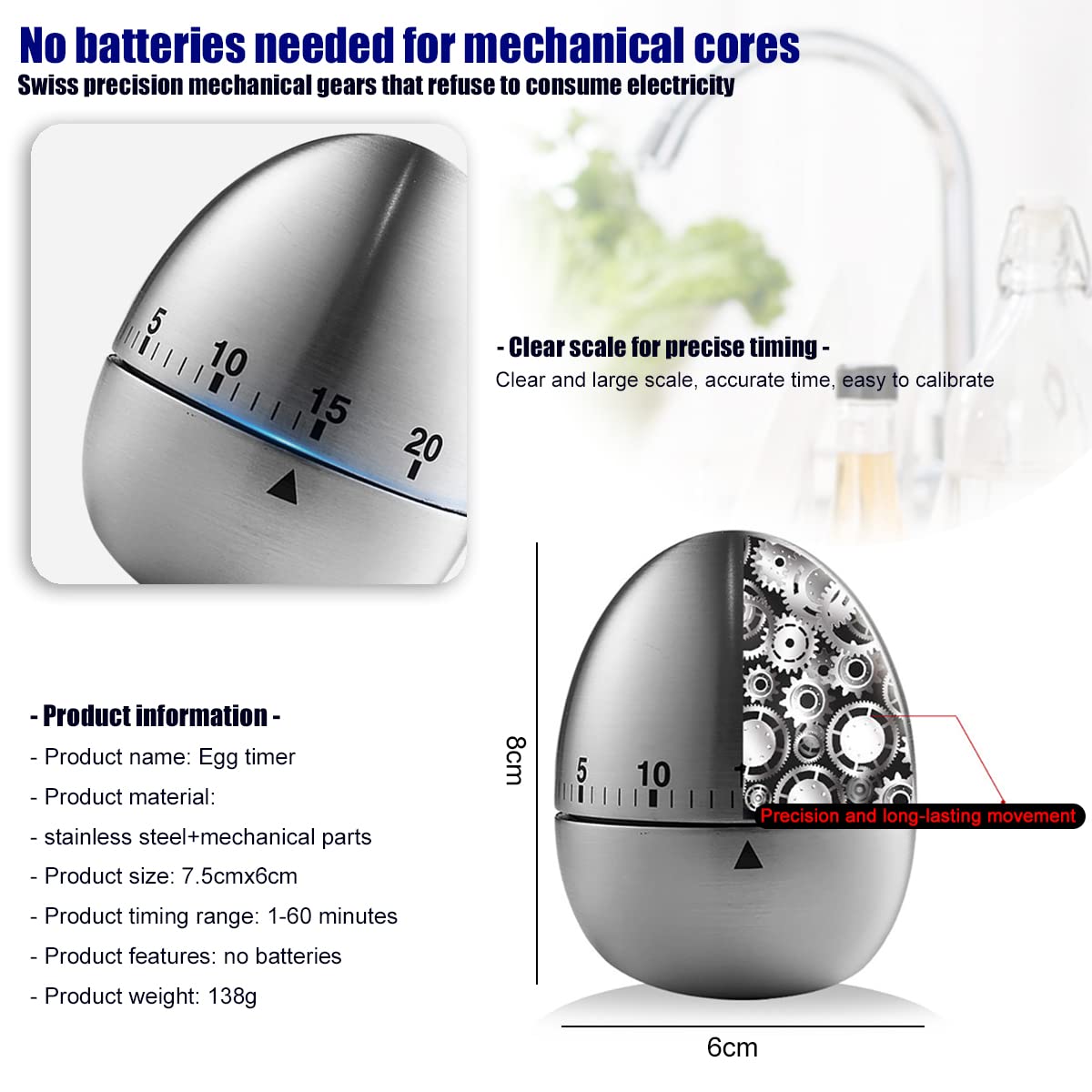 Kitchen Timer,Egg Timer,Kitchen Timers for Cooking,Egg Kitchen Timer Stainless Steel Rotating 60 Minutes Count Down Timer,No Batteries Required Timer,for Kitchen Cooking Work Learning (Kitchen Timer)