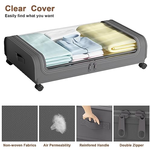 Jewem Under Bed Storage with Wheels, Under Bed Storage Containers, 2 Pack UnderBed Storage, 6.5 inch High Rolling Under Bed Shoe Storage with Lid, Small Space Organization and Storage for Clothes