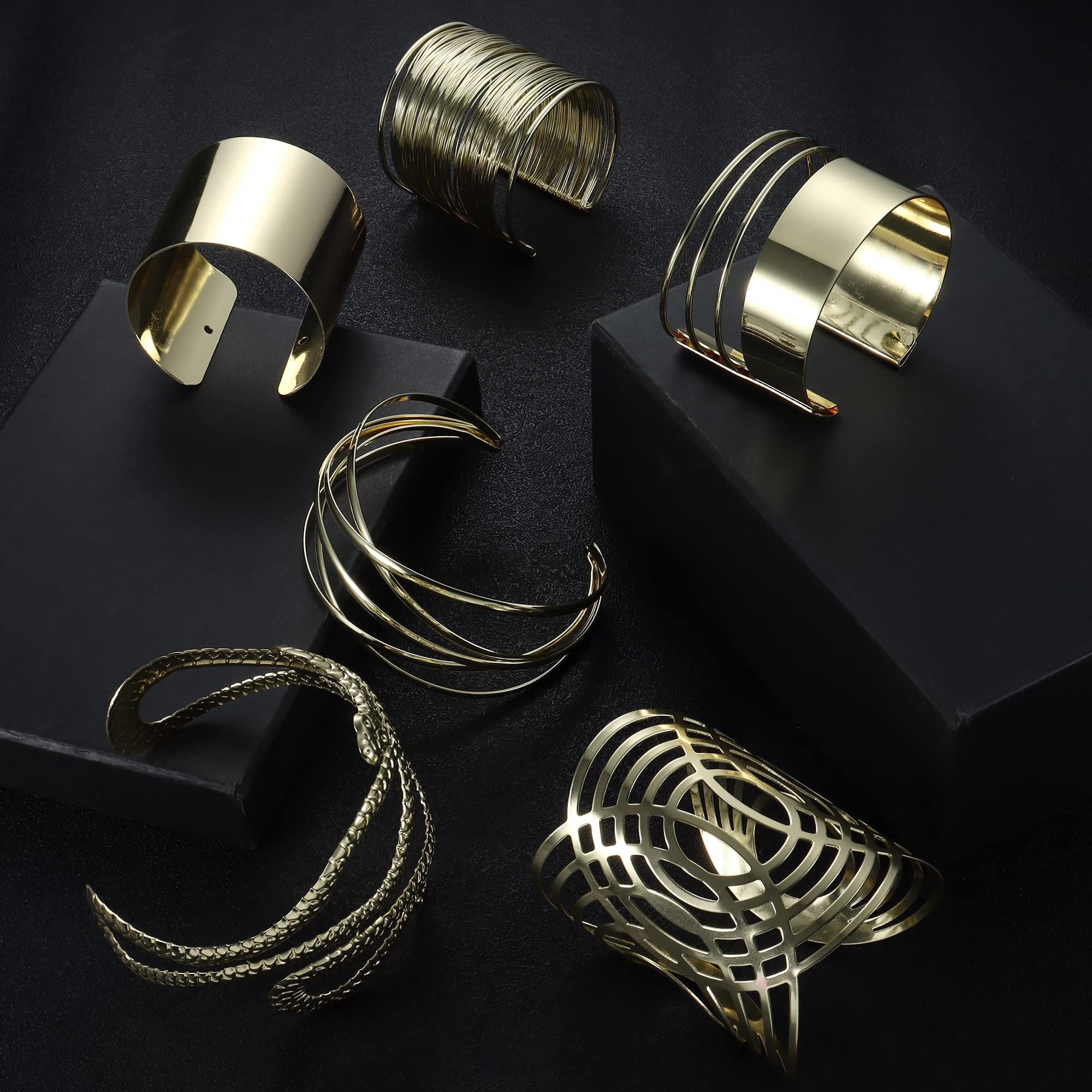 JeryWe 6 Pcs Upper Arm Cuff Jewelry for Women Armband Cuff Bangle Bracelet Set Adjustable Open Armlet Coil Wrap Bracelet Costume Jewelry Gold Silver Tone