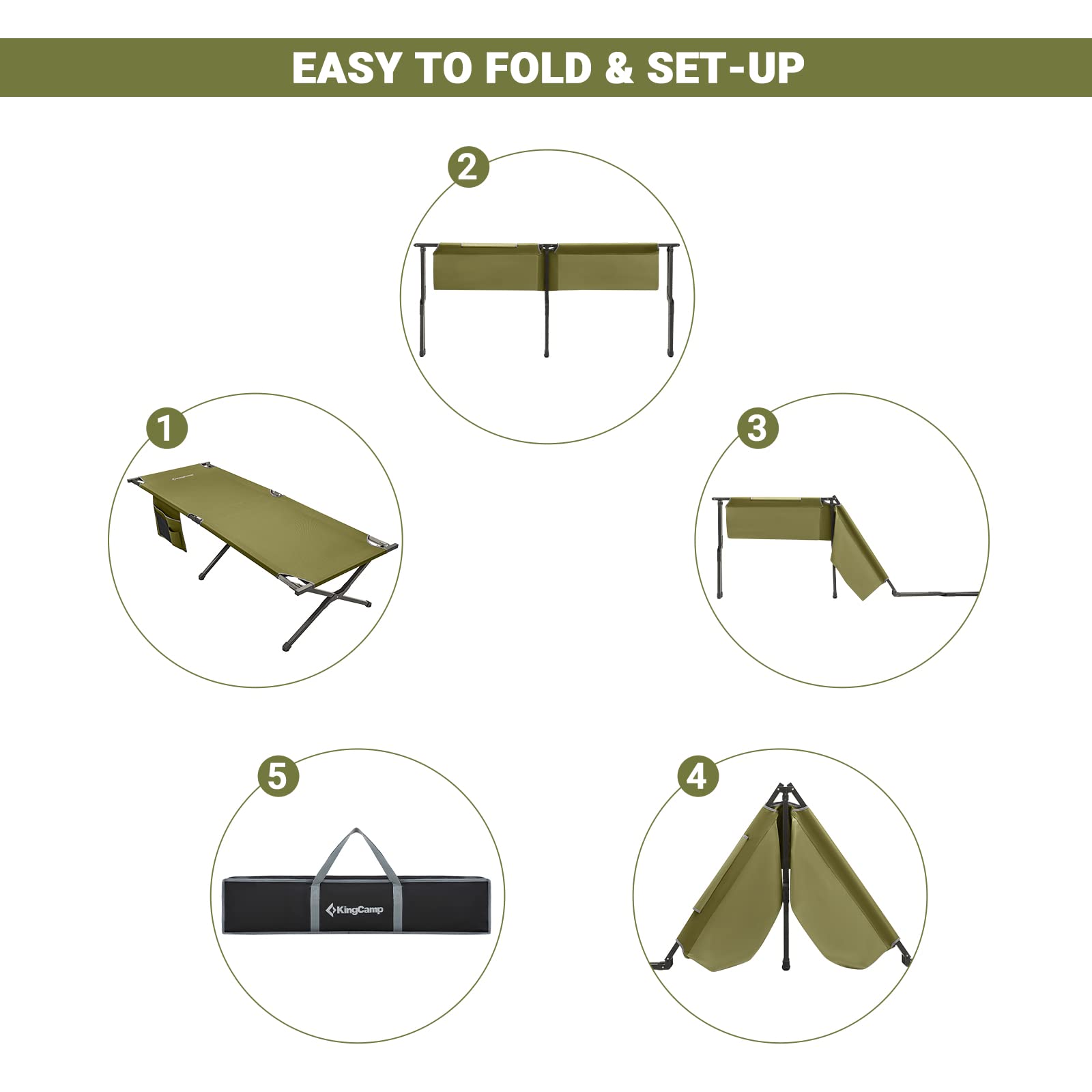 KingCamp XL Portable Folding Camping Cot for Adults, 81" x 30" Extra Long Wide Lightweight Sleeping Cot for Hiking, Backpacking, Outdoor with Side Pocket Camp Office Travel Use, Green