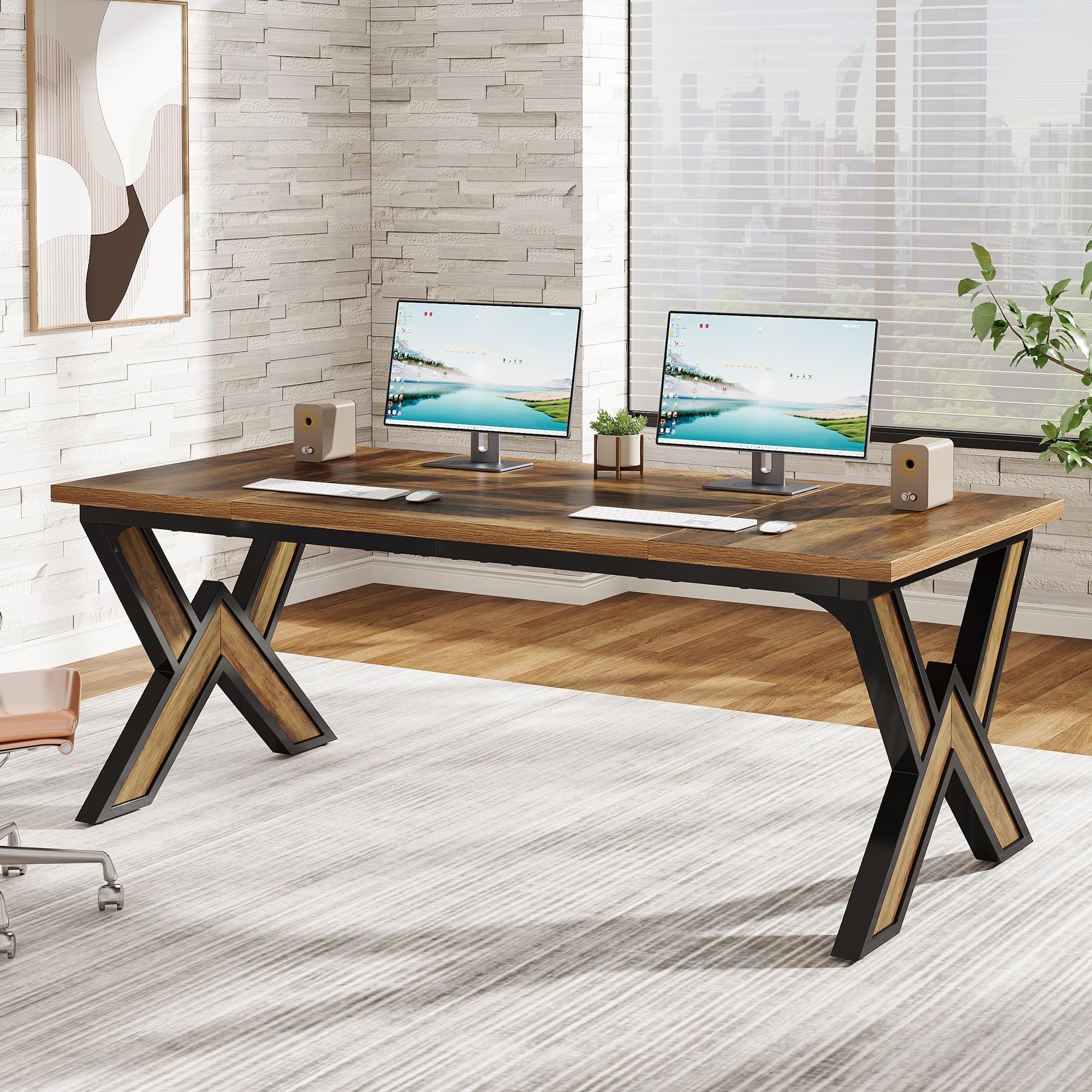 Tribesigns 63 Inches Large Office Desk, Modern Executive Computer Desk with Thickened Frame and Board, Executive Office Desk Workstation Business Office Furniture, Rustic Brown & Black