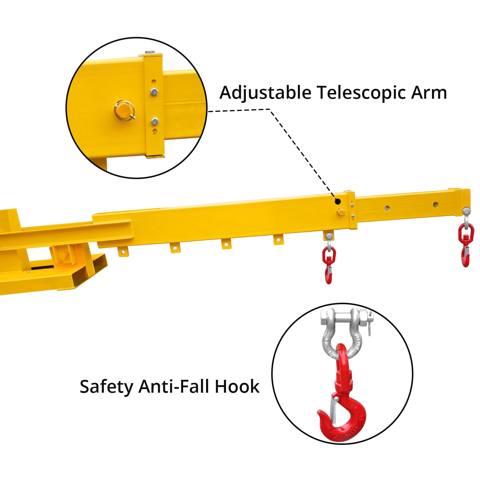 Takywep Adjustable Forklift Jib Boom Crane, Manual Telescopes 83“~149", Forklift Mobile Crane with Two 3 Tons Swivel Hooks, 6000 LBS Lift Capacity Forklift Crane for Warehouse or Factories