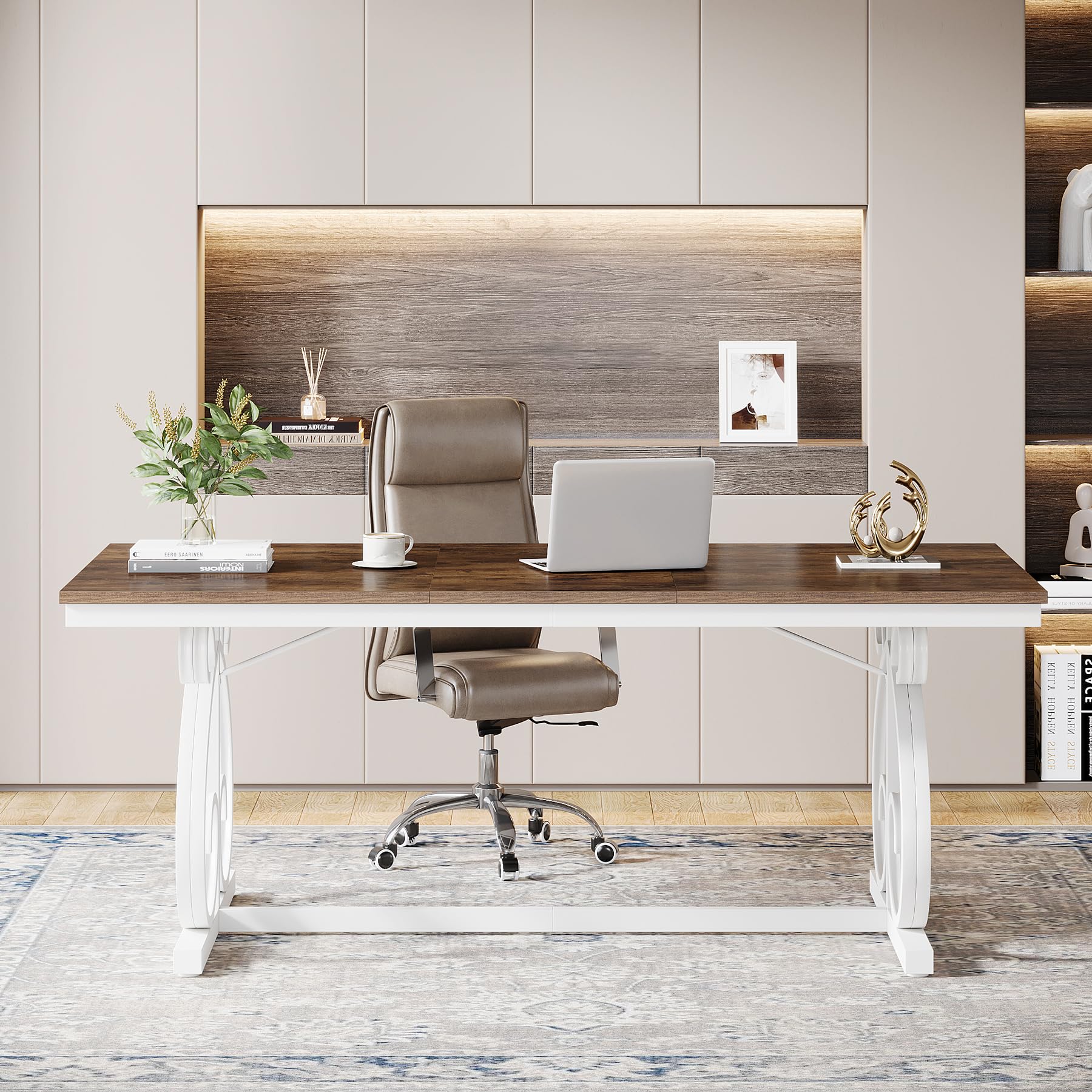 Tribesigns 63-Inch Executive Office Desk: Large Computer Desk with Metal Legs, Wood Modern Office Desk Writing Desk Workstation for Home Office, Brown + White