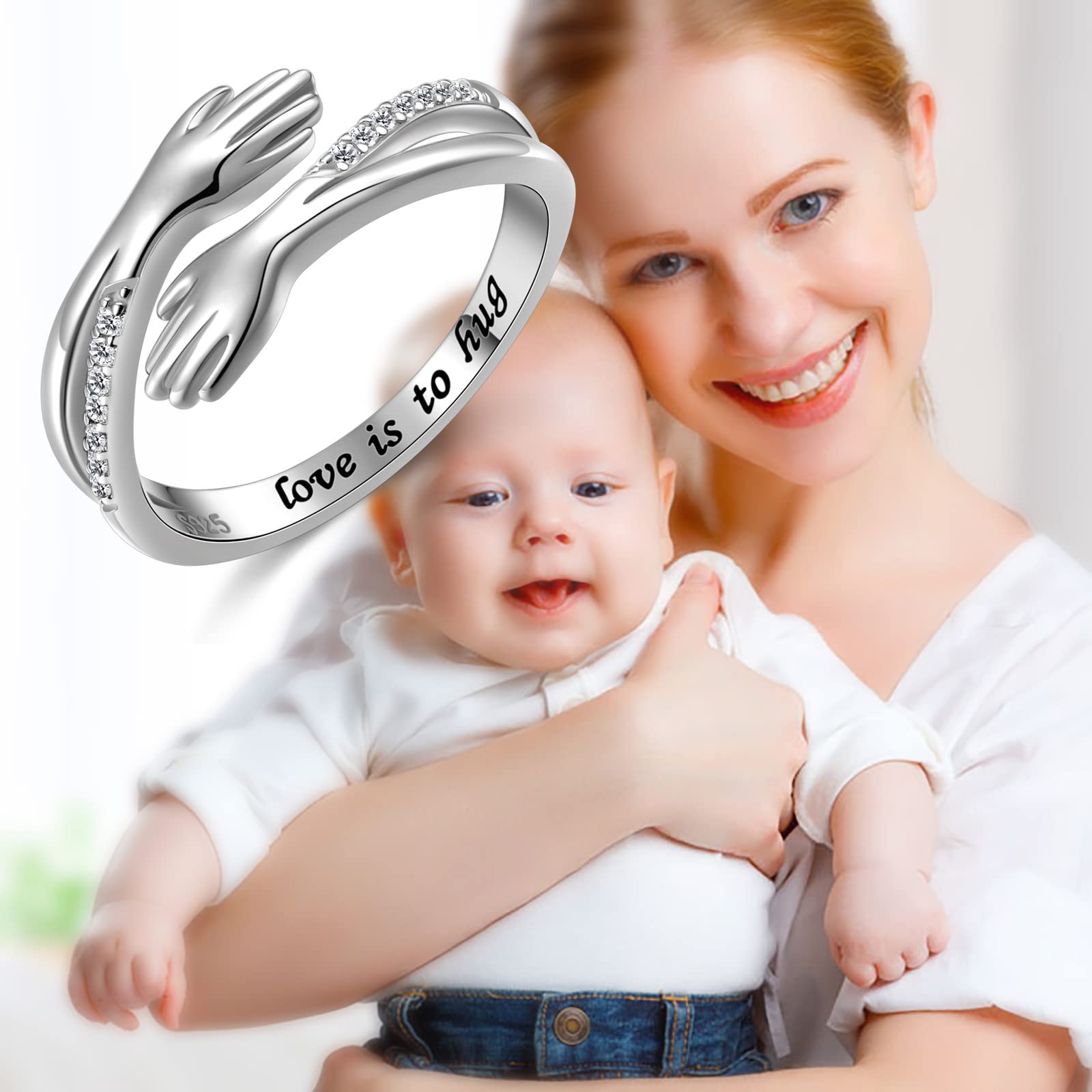 Hug Ring, 925 Sterling Silver Hugging Hands CZ Open Ring Engraved Love is to Hug Embrace Statement Promise Anniversary Ring, US Size: 5