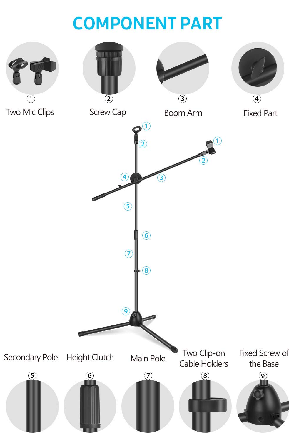 InnoGear Microphone Stand, Foldable Tripod Boom Stand Adjustable Height Heavy Duty Mic Boom Stand with Dual Mic Clip Holders and Metal Base for Singing, Speech, Stage, Outdoor Activities