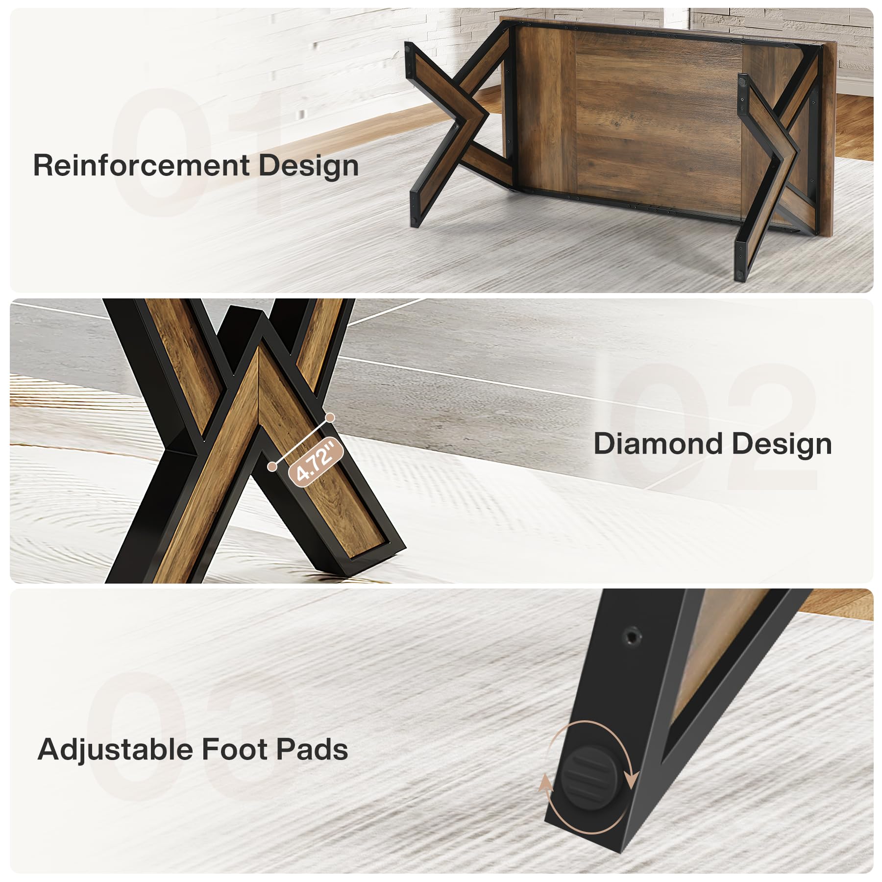Tribesigns 63" Farmhouse Dining Table for 4-6, Rectangular Kitchen Dinner Table with Unique Legs, Wood Kitchen & Dining Room Furniture, Rustic Brown & Black