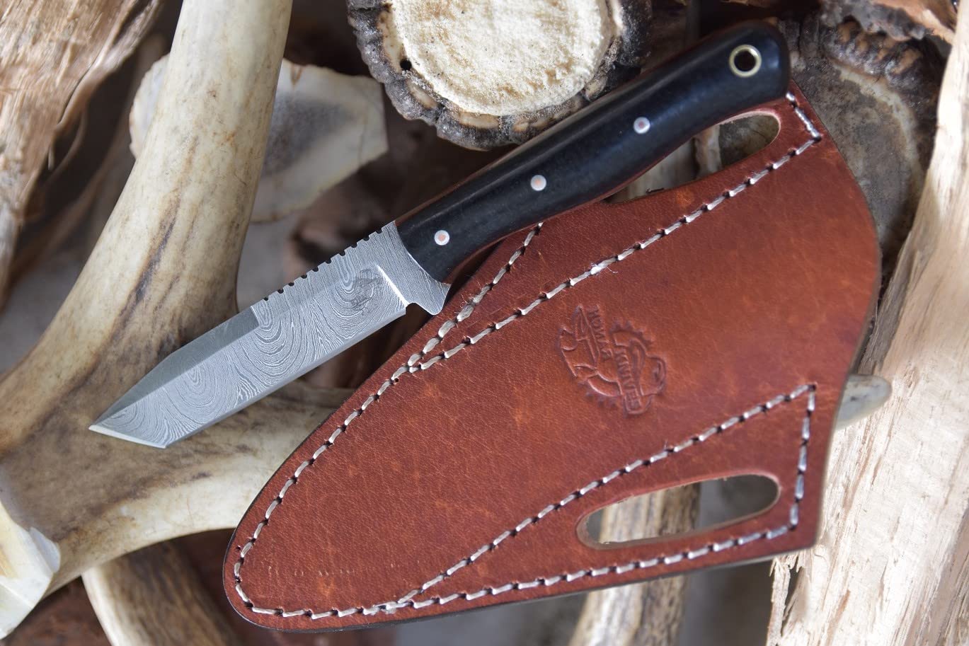Knives Ranch ECD Fixed Blade Knife, Tanto Point, Damascus Steel, Black Burlap Micarta Handle Fine Quality 45 Degree Sheath Snug Fit (3184-M)