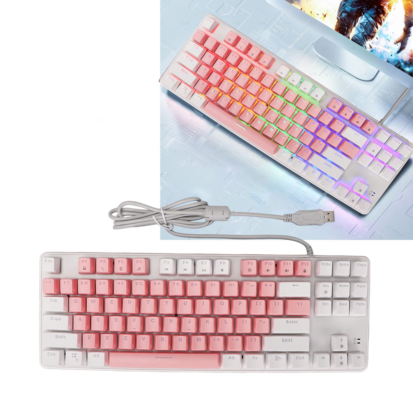 Pomya RGB Backlit Keyboard, 87 Key Mechanical Gaming Keyboard, USB Wired Mechanical Keyboard, Blue Switch for PC Laptop Desktop Computer(Pink White)