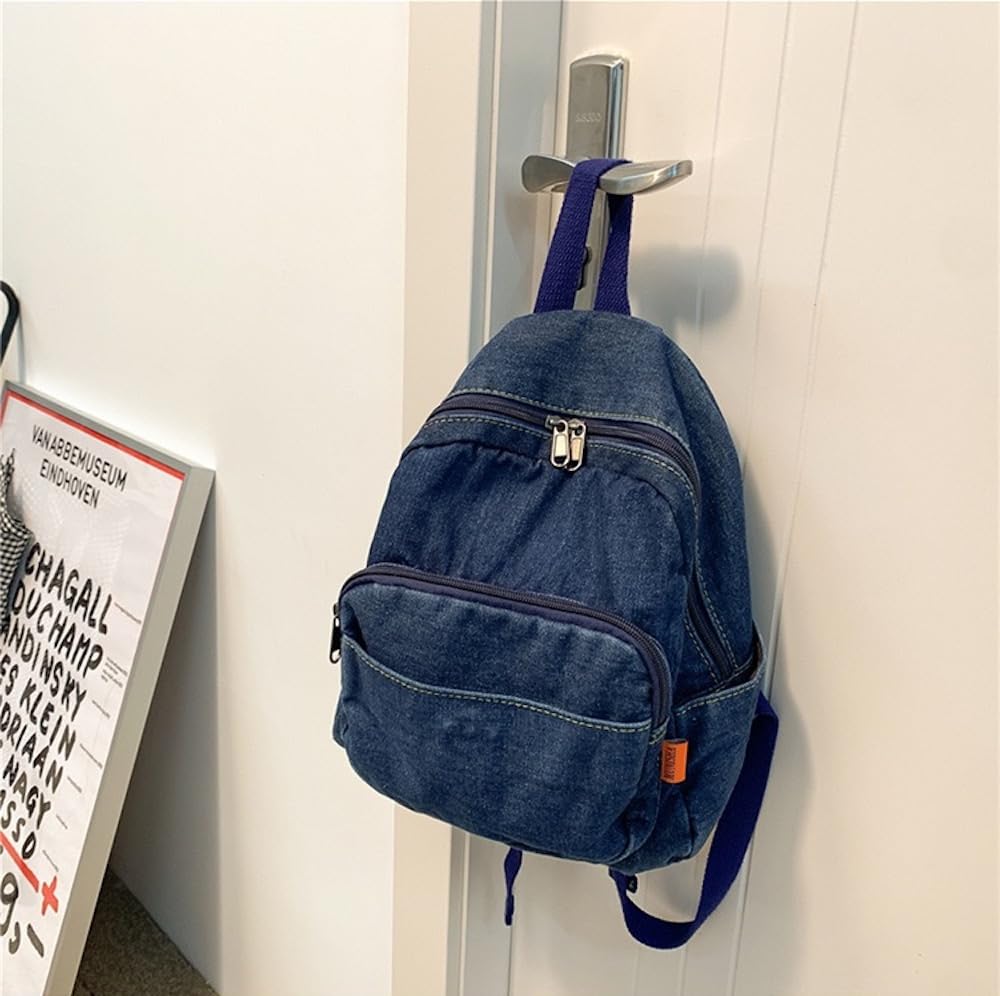 JHTPSLR Small Denim Backpack for Women Vintage Aesthetic Backpack Mini Denim Backpack Canvas Backpack Casual Daypack (Dark Blue)