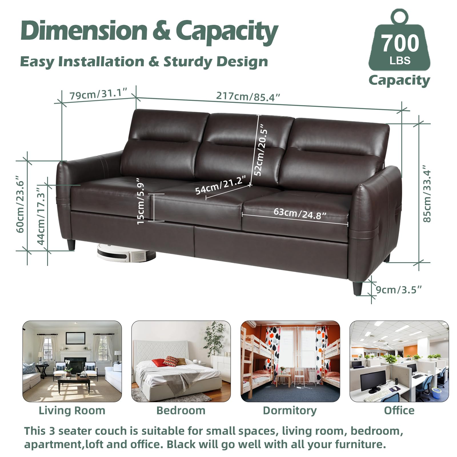 STHOUYN 85β Faux Leather Sofa Brown Leather Couch with USB, Mid Century Modern 3 Seater Couches Sofas Living Room, Apartment Couch, Large Office Sofa Couch, Stain Resistant & 3 Tufted Cushion (Brown)