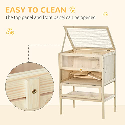 PawHut 3-Tier Wooden Hamster Cage Mice and Rat Cage Small Animals Hutch with Openable Top, Front Door, Storage Shelf