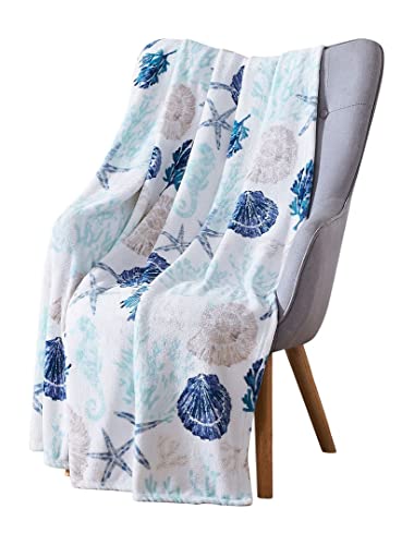 Ocean Life Coastal Throw Blanket: Soft Plush Velvet Fleece Calming Hues of Blues Beige on White, Accent for Sofa Couch Chair Bed or Dorm (Coastal Shells)