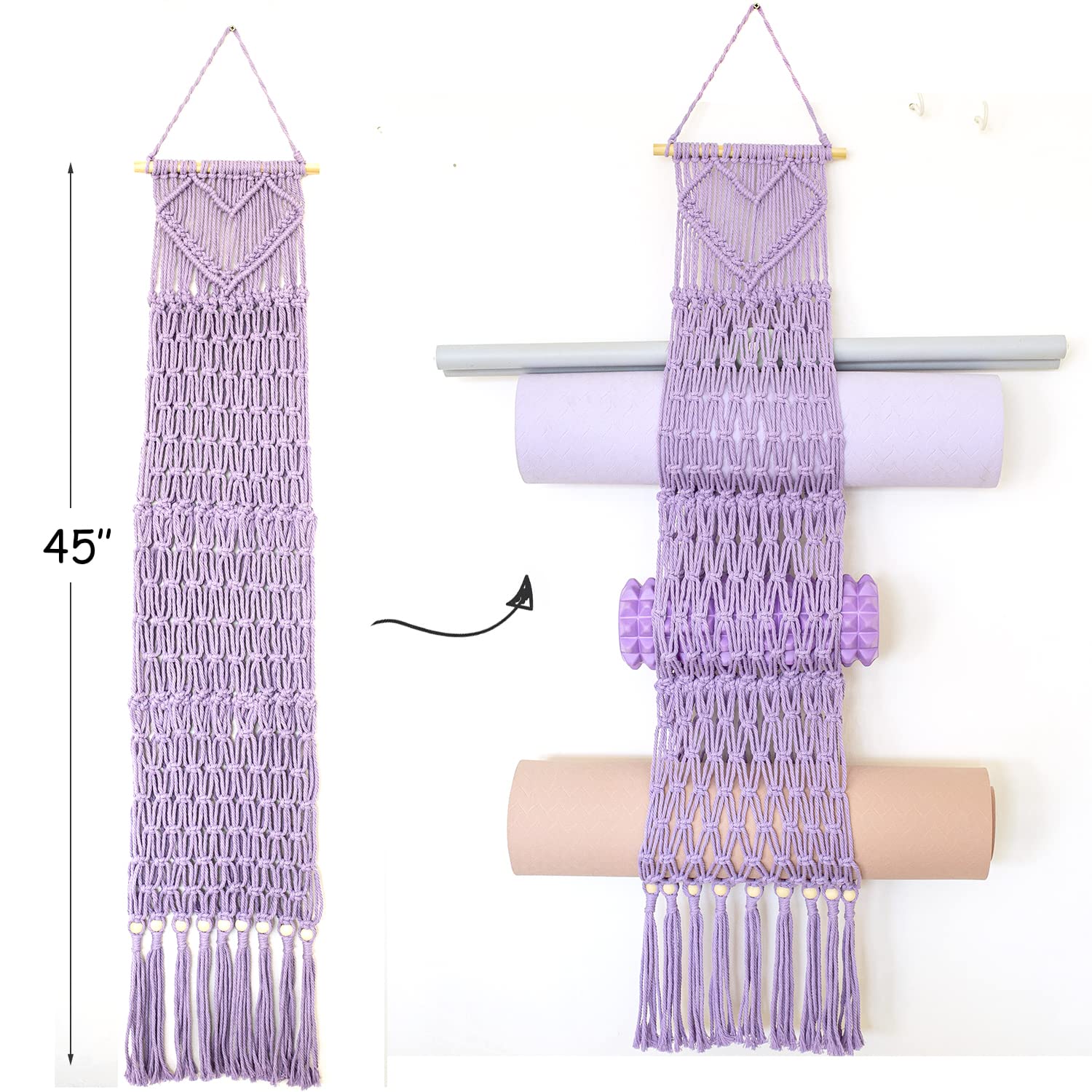 Macrame Yoga Mat Holder Wall Mount Yoga Mat Foam Roller Wall Hanging Rack for Yoga Mat Storage Organizer with 3 Sizes Easy Access Pocket Boho Gym Home Decor-Purple (Pastel Lavender)
