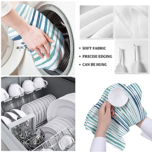 LUSWEET Kitchen Towels Wave Stripe Blue Green Soft Cotton Reusable Absorbent Cleaning Kitchen Dish Towels for Kitchen Cleaning,Dishwashing,Kitchen,Bathroom,18X28 Inch, 3 Pack