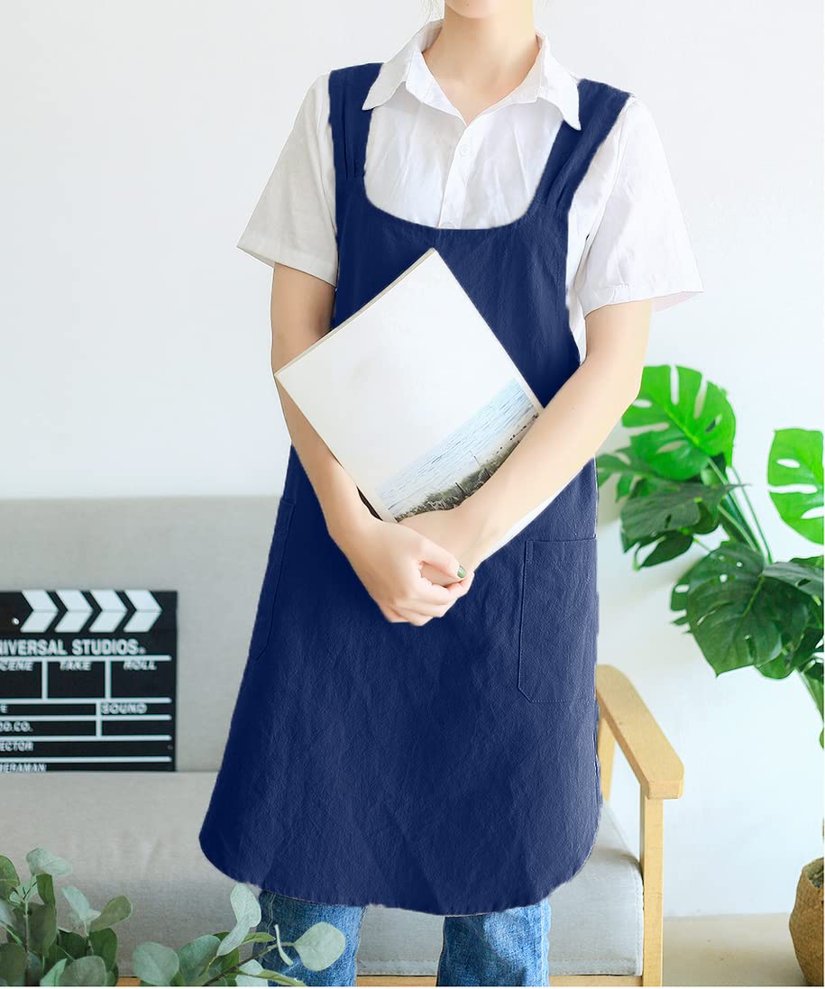 losofar Soft Cotton Linen Apron Cross Back X-Shaped Japanese Style Pinafore Dress for Cooking, Housewarming, Daily Chores (darkblue, (28.3"x 35.4"))