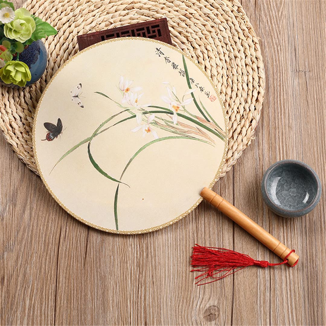Lmtossey Single-Sided Silk Cloth Printing Chinese Style Round Fan with Wooden Handle Portable Printed Vintage Fan Dance Round Fan