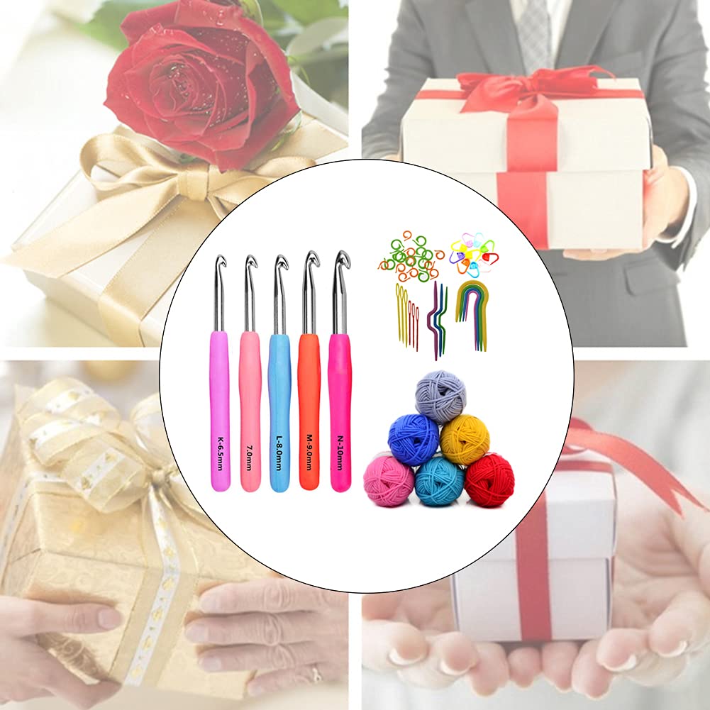 Katech Crochet Hooks Yarn Kit Includes 5 pcs Crochet Hooks and 6 pcs Random Colors Yarn Skeins, Ergonomic Crochet Needle Yarn Set for Making Socks, Scarf, SweaterL8