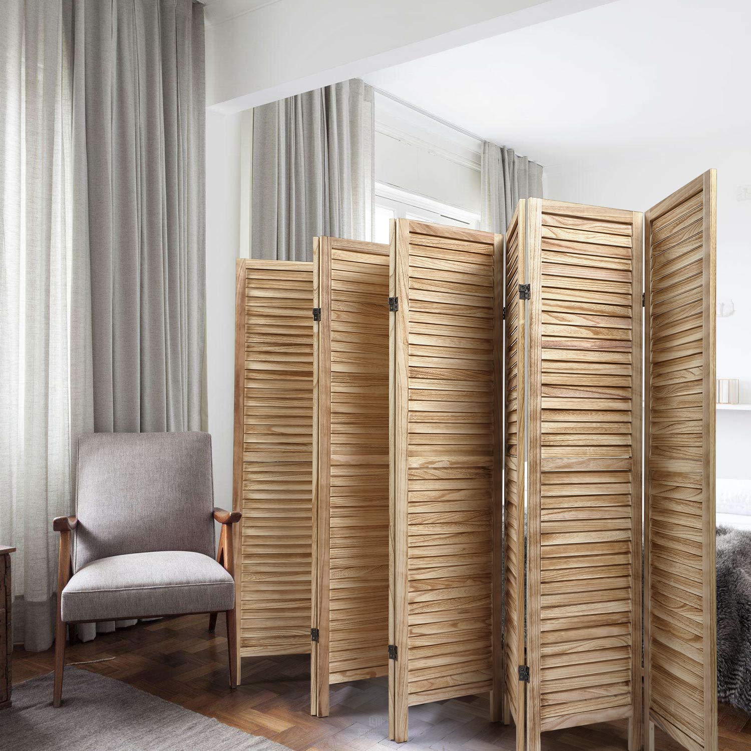 JAXPETY 4 Panel Wood Louvered Room Divider, 5.6 Ft Tall Oriental Folding Freestanding Privacy Screen Room Dividers for Home, Office, Bedroom (Nature)