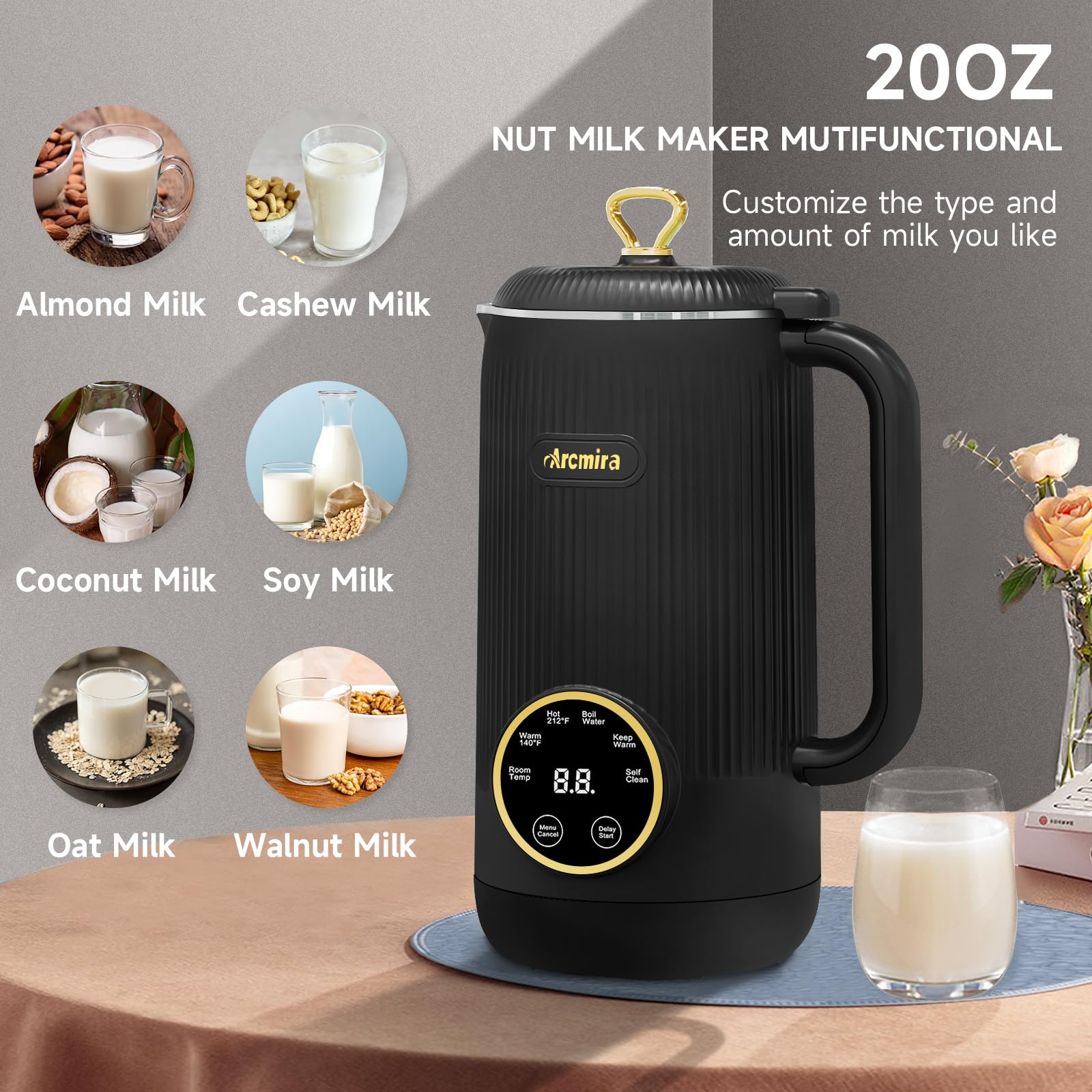 Nut Milk Maker, 20 oz(600ml) Homemade Almond, Oat, Soy, Plant-Based Milk and Non-Dairy Beverages, Almond Milk Maker with Delay Start/Keep Warm/Boil Water, Soy Milk Maker with Nut Milk Bag(Green)