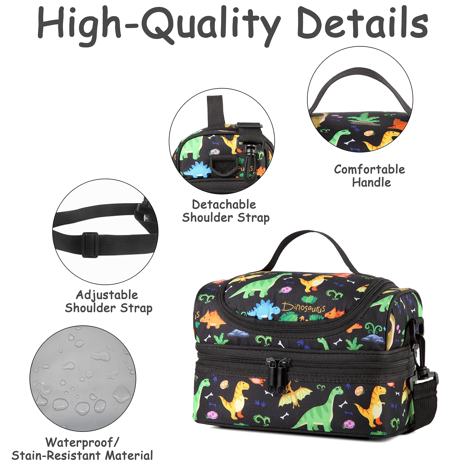 Kasqo Lunch Box Bag for Boys, Insulated Cooler Bag Kids Lunch Tote with Dual Compartments, Black Dinosaur