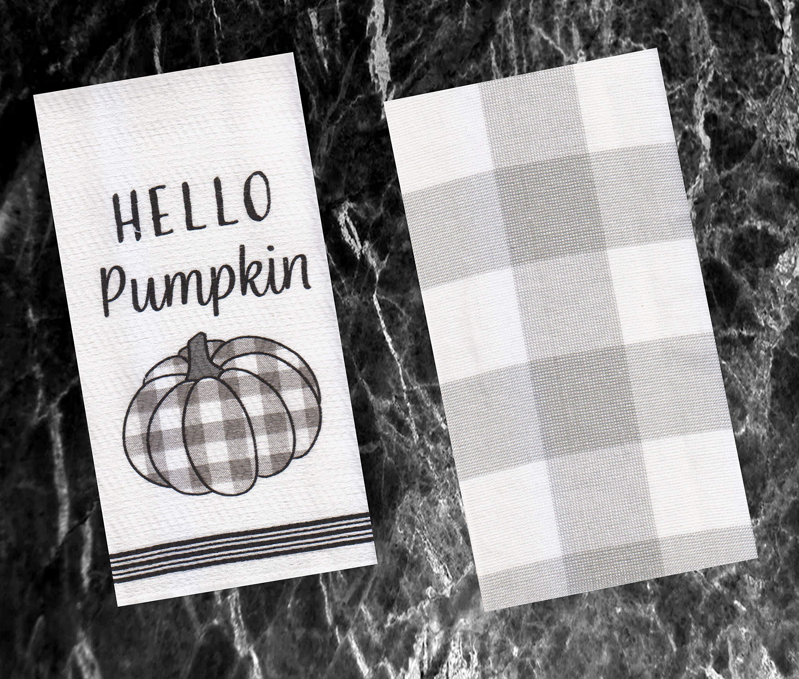 Mainstream Hello Pumpkin Kitchen Hand Towels, Grey and White Checked Buffalo Plaid, Set of 2 Coordinating Cotton Dishtowels for Fall and Thanksgiving Decorating, 16 x 26 inches