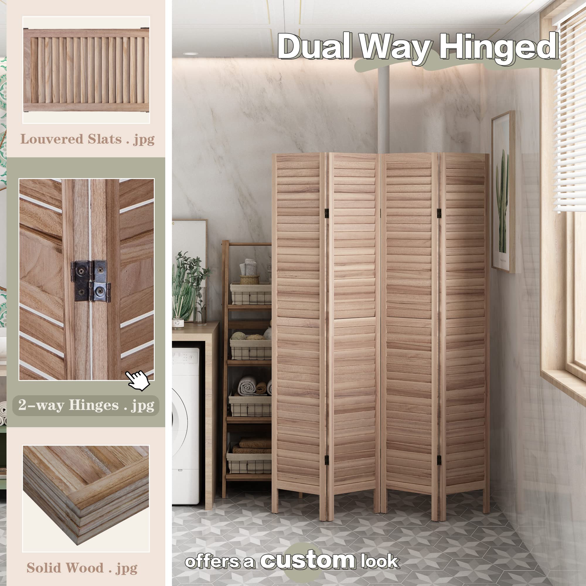 JAXSUNNY 4 Panel Privacy Screen Room Divider, Louvered Partition Room Divider Screen, Folding Privacy Screen Wall Dividers, Freestanding for Room Separating, Rustic Light Wood